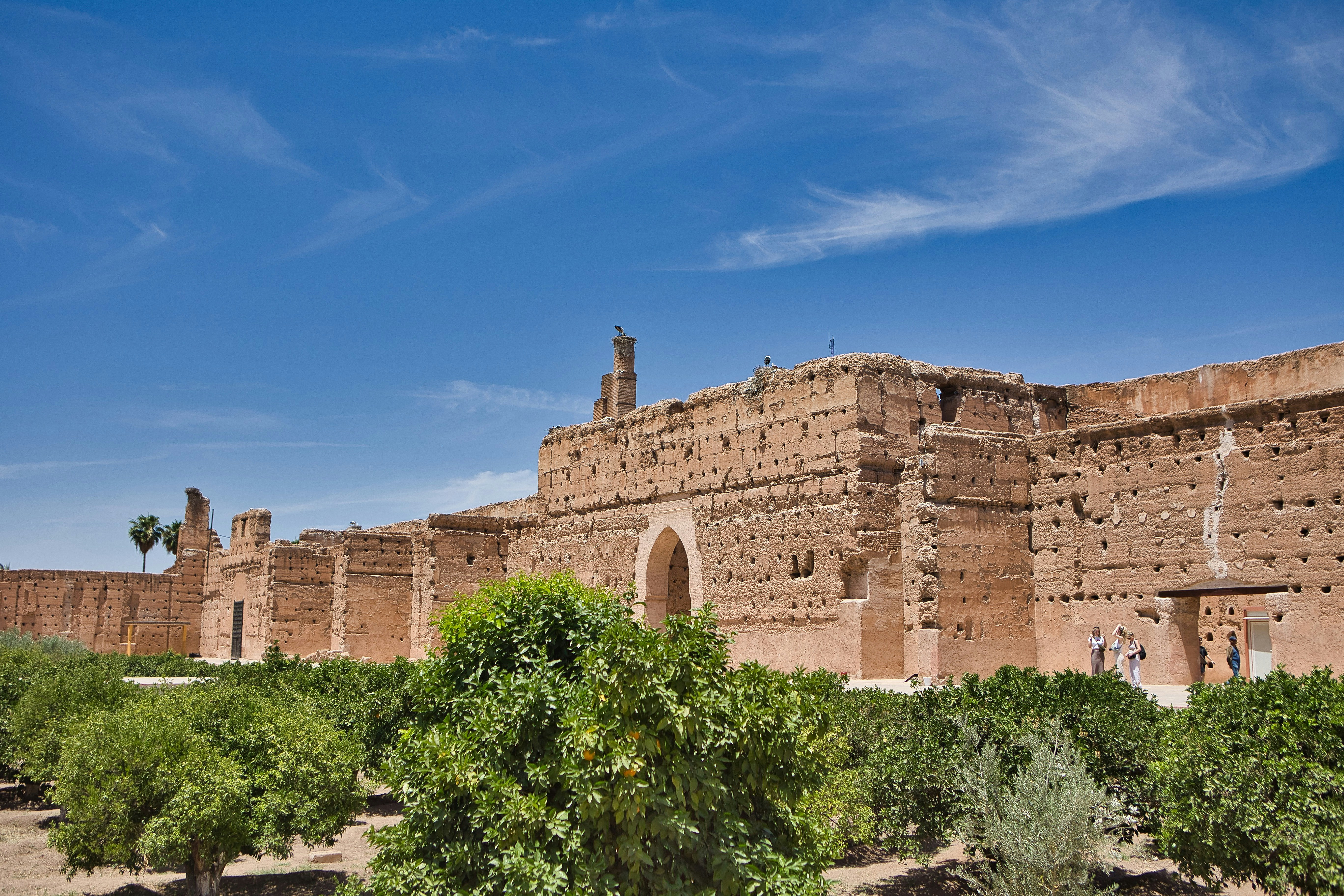 Historic fortress with rugged brick walls surrounded by lush green foliage under a clear blue sky.