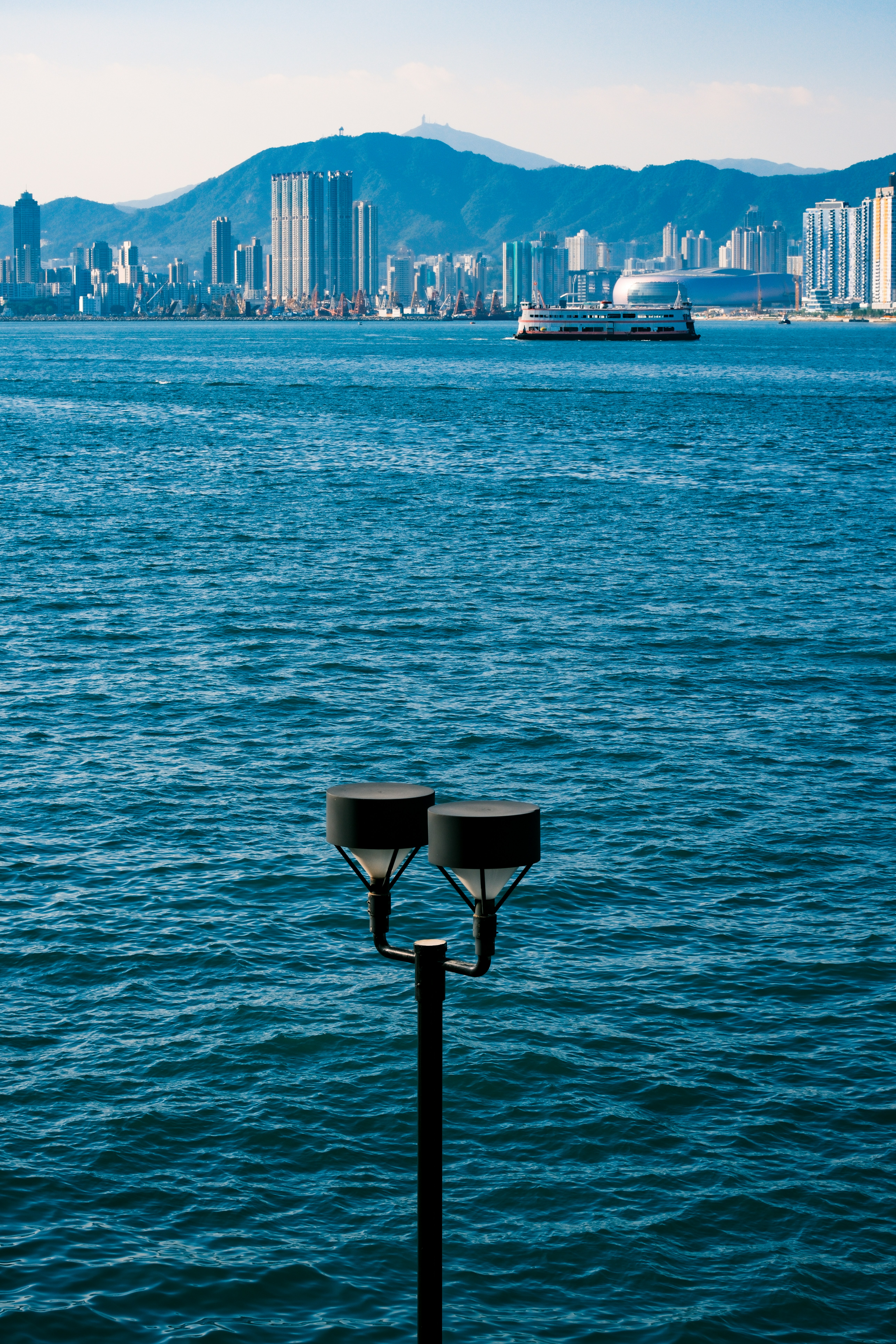 Harbor Lamp Post Quietly Anchored Against a City Skyline
