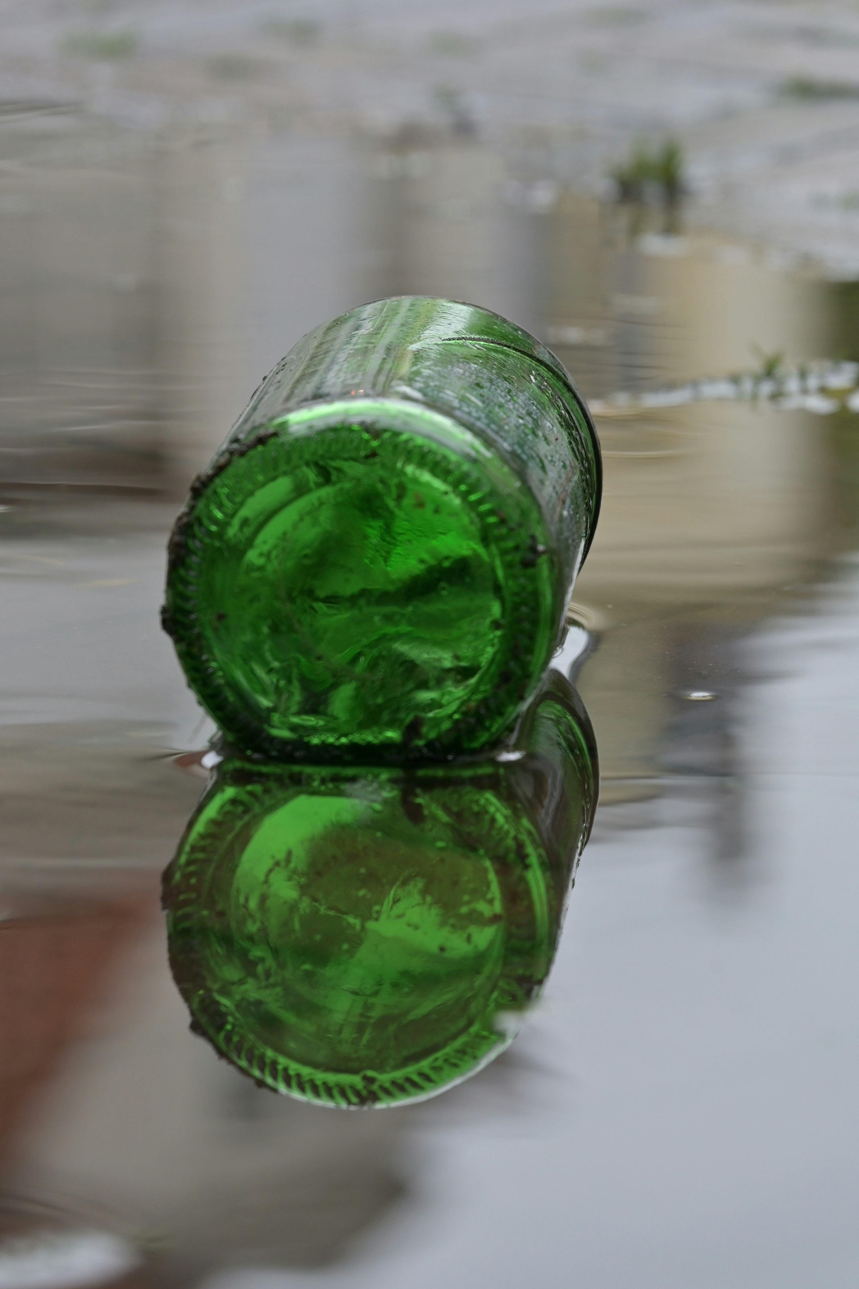 A green bottle sitting on top of a puddle of water photo – Free ...