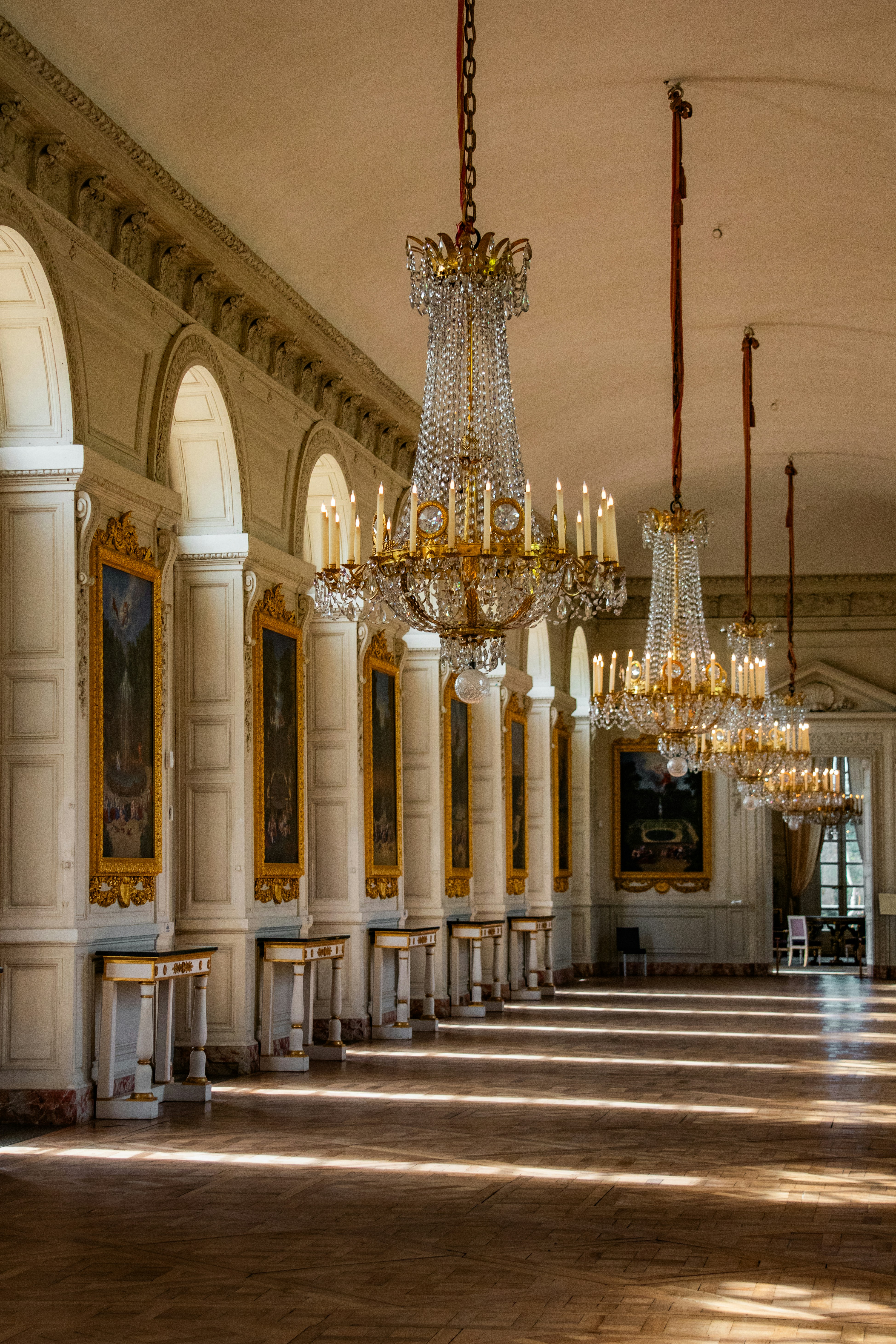A large hall with chandeliers and paintings on the walls photo – Free ...