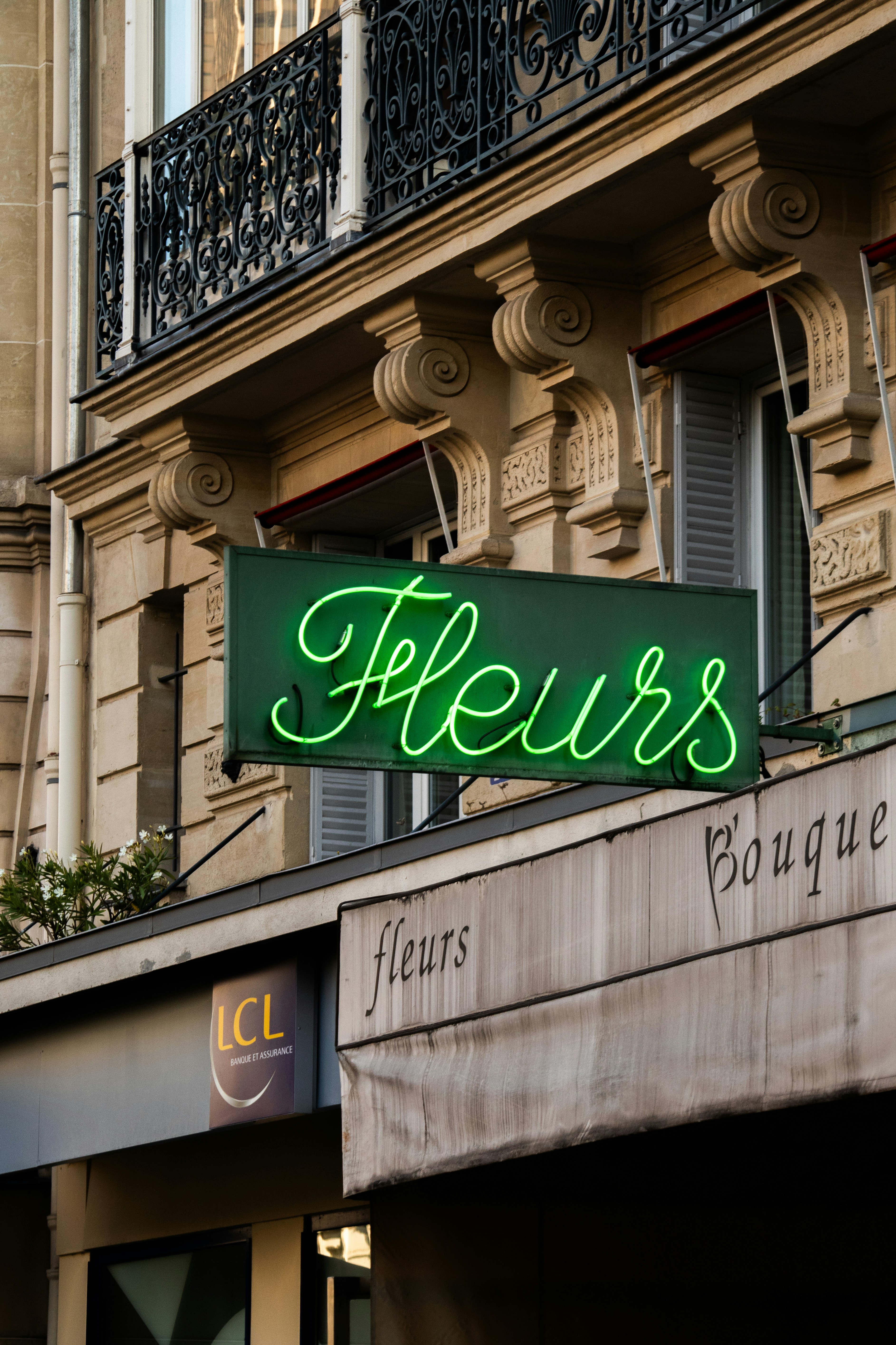 Emerald Neon Fleurs Sign Casts a Quiet Glow on a Parisian Façade