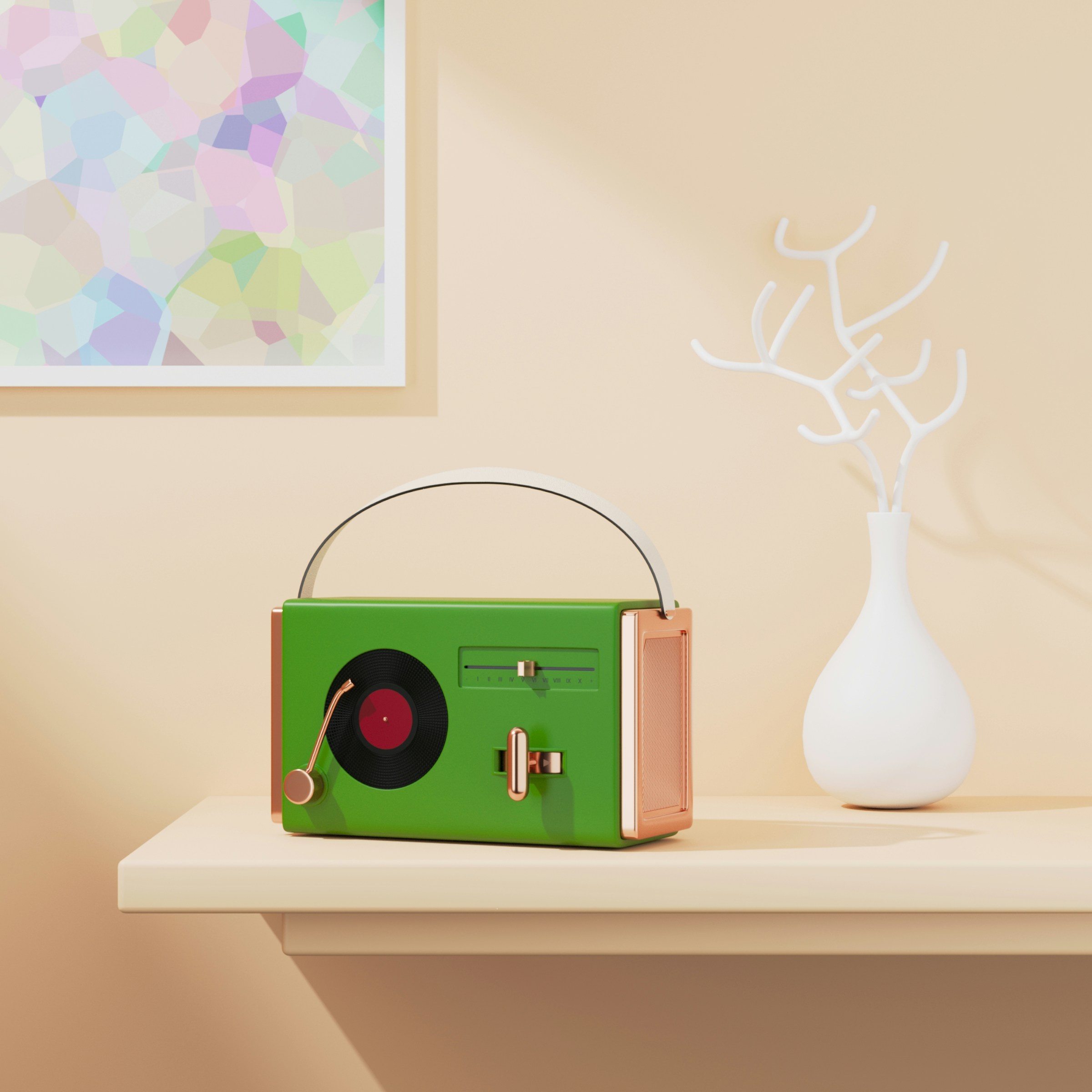 A green radio sitting on top of a white shelf photo – Free Digital ...