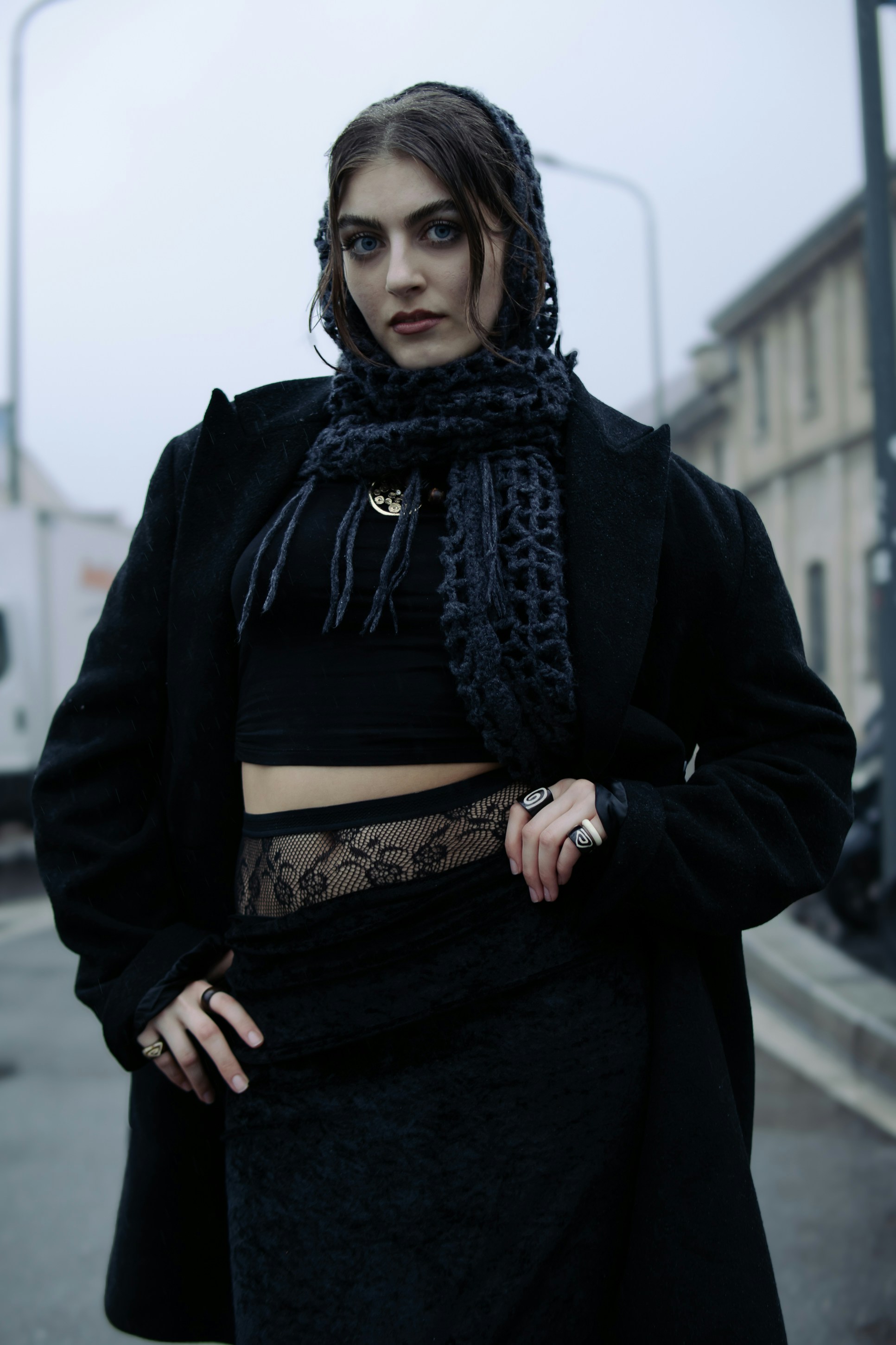 Noir Street Portrait: Velvet Lace and an Unyielding Gaze