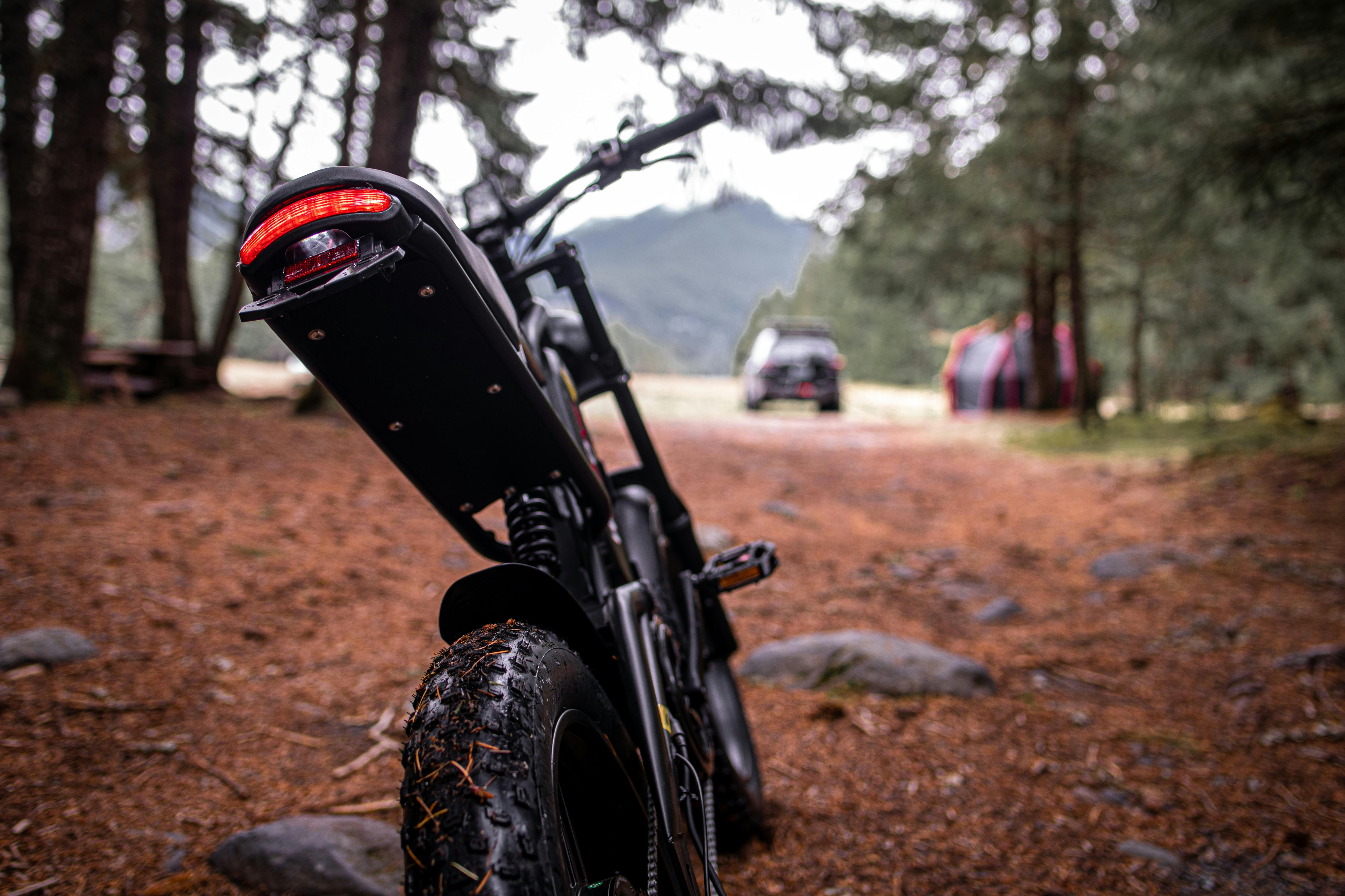 A motorcycle parked in the middle of a forest photo – Free Machine ...