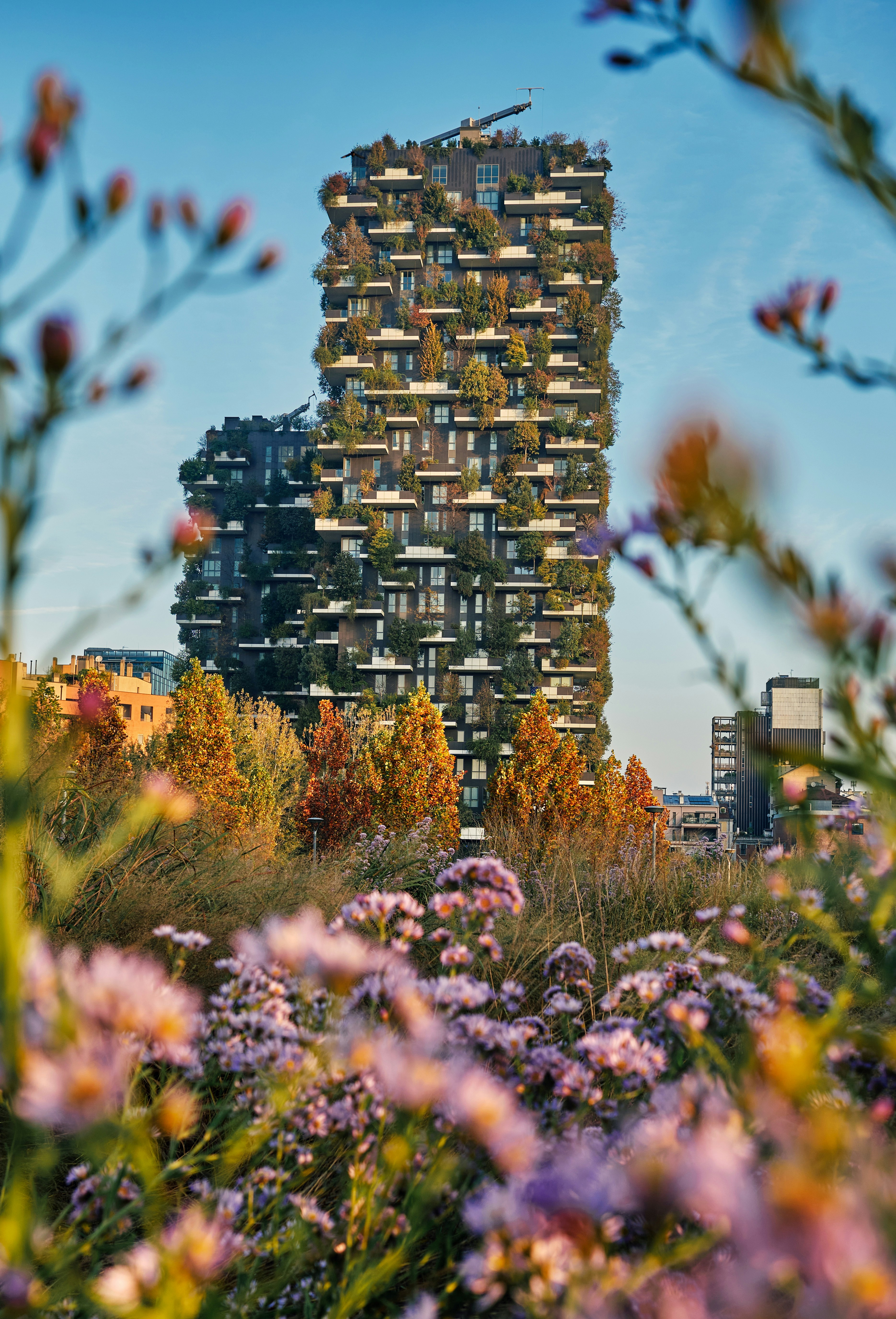 Verdant Tower Rising: A Living Facade Framed by Spring Wildflowers