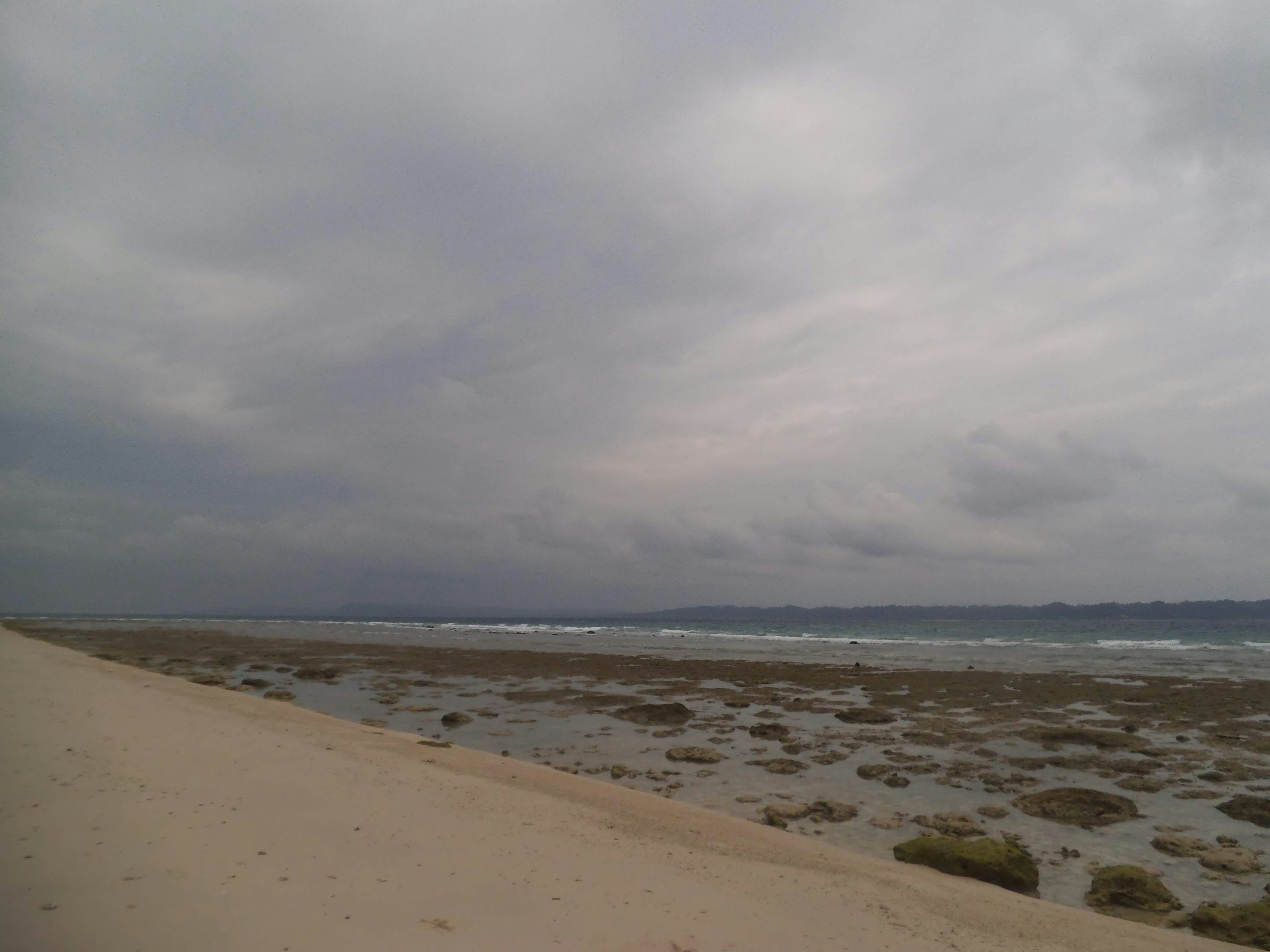 Deserted shoreline under a moody sky