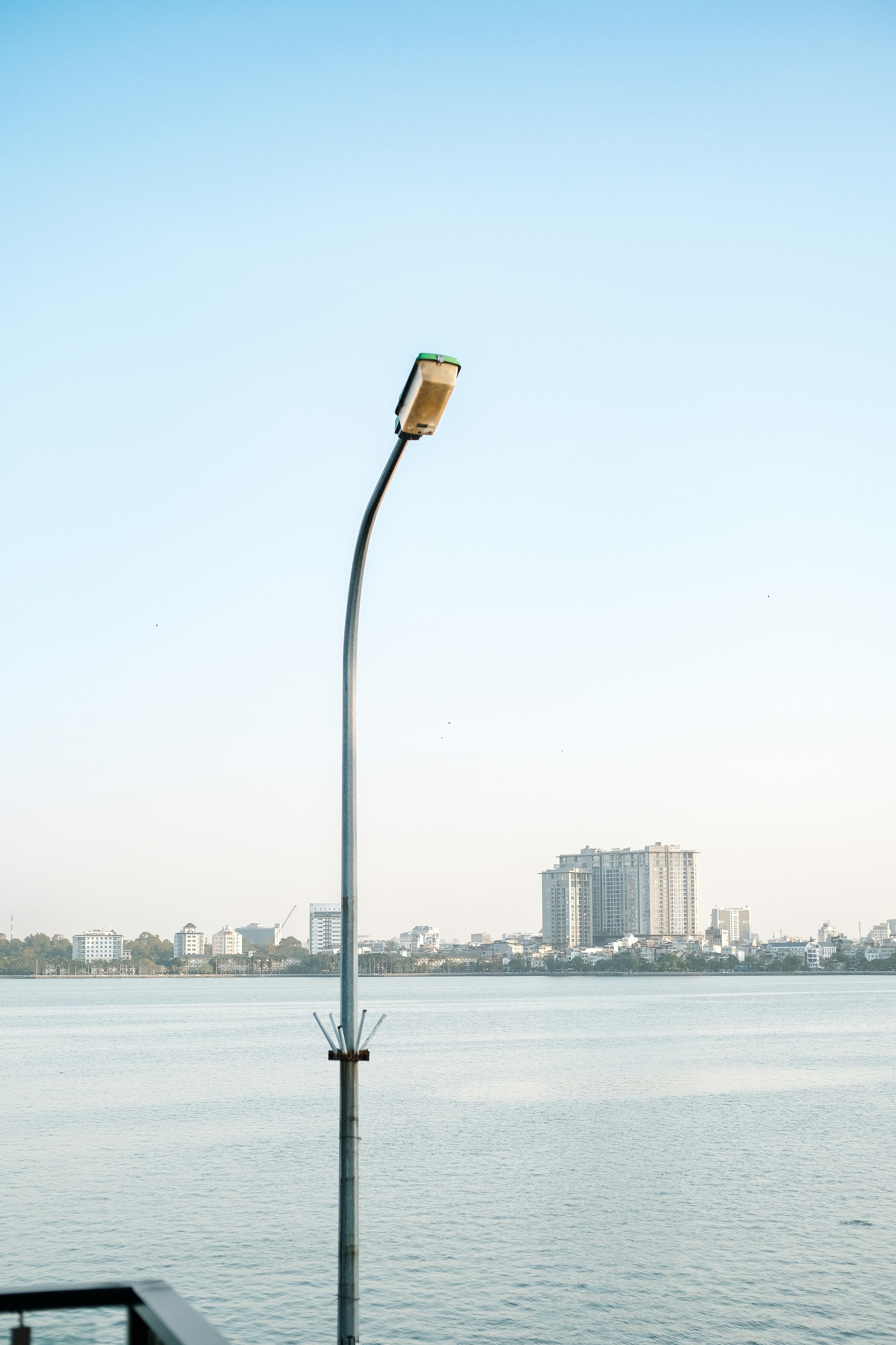 Curved Streetlight Reaching Over a Quiet Waterfront