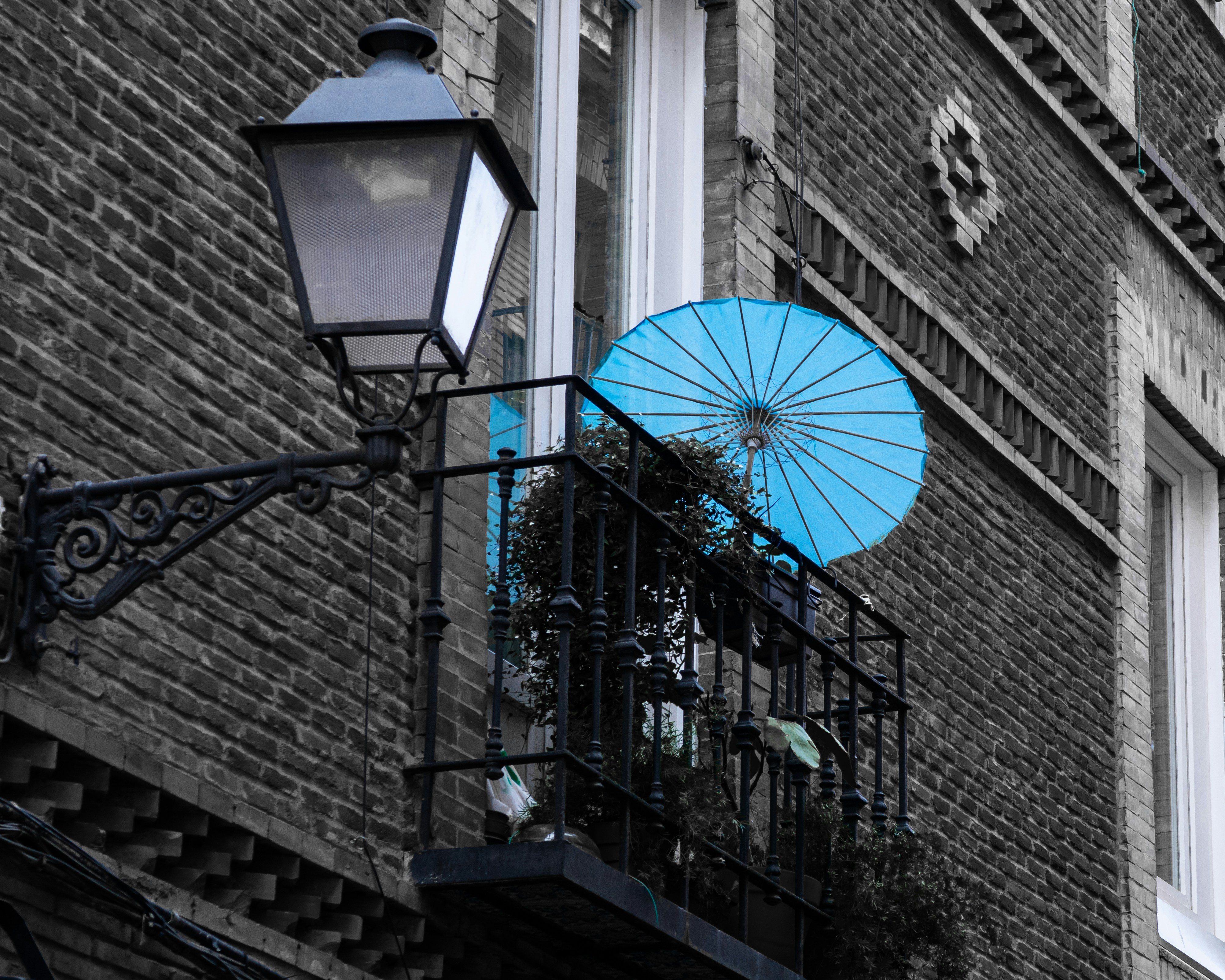 A vibrant blue parasol adorns a balcony, contrasting with the muted tones of the surrounding brick wall. The scene highlights urban life with a touch of nature.