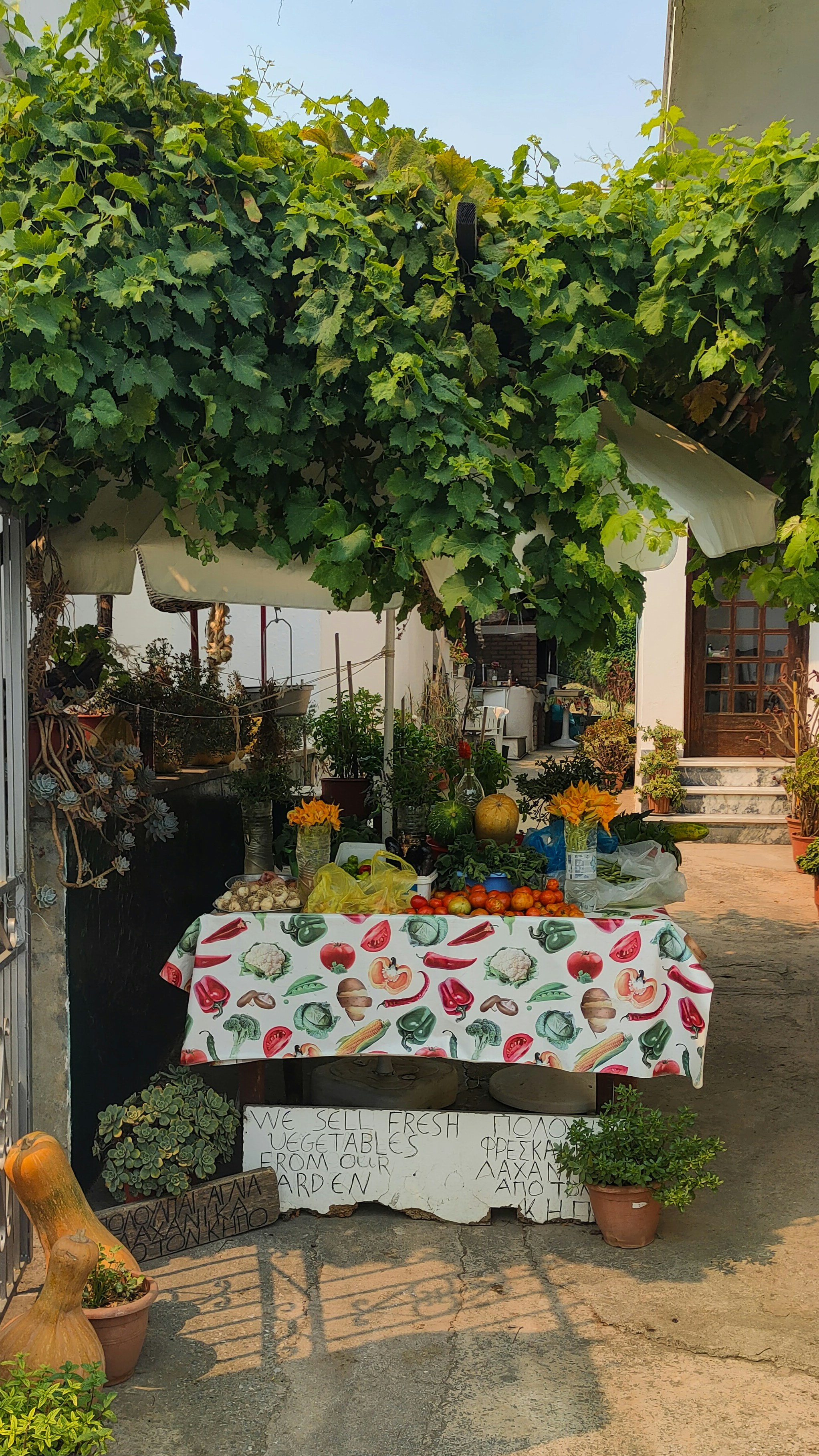 Produce market stall under a leafy canopy, tables laden with fresh vegetables, fruit, and bright flowers, covered by a printed cloth.