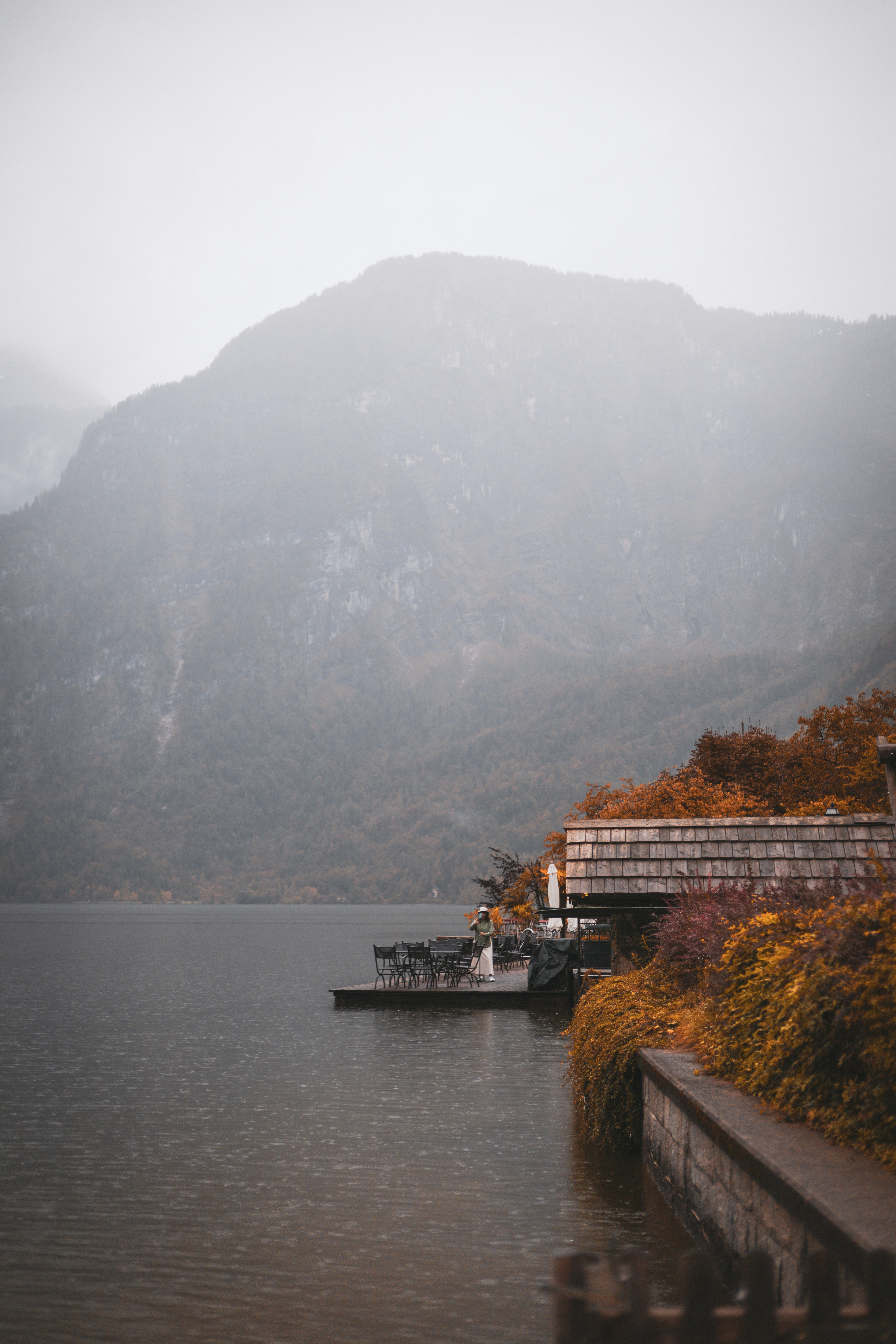Autumn Terrace by a Misty Lake, Edge of Quiet Mountains