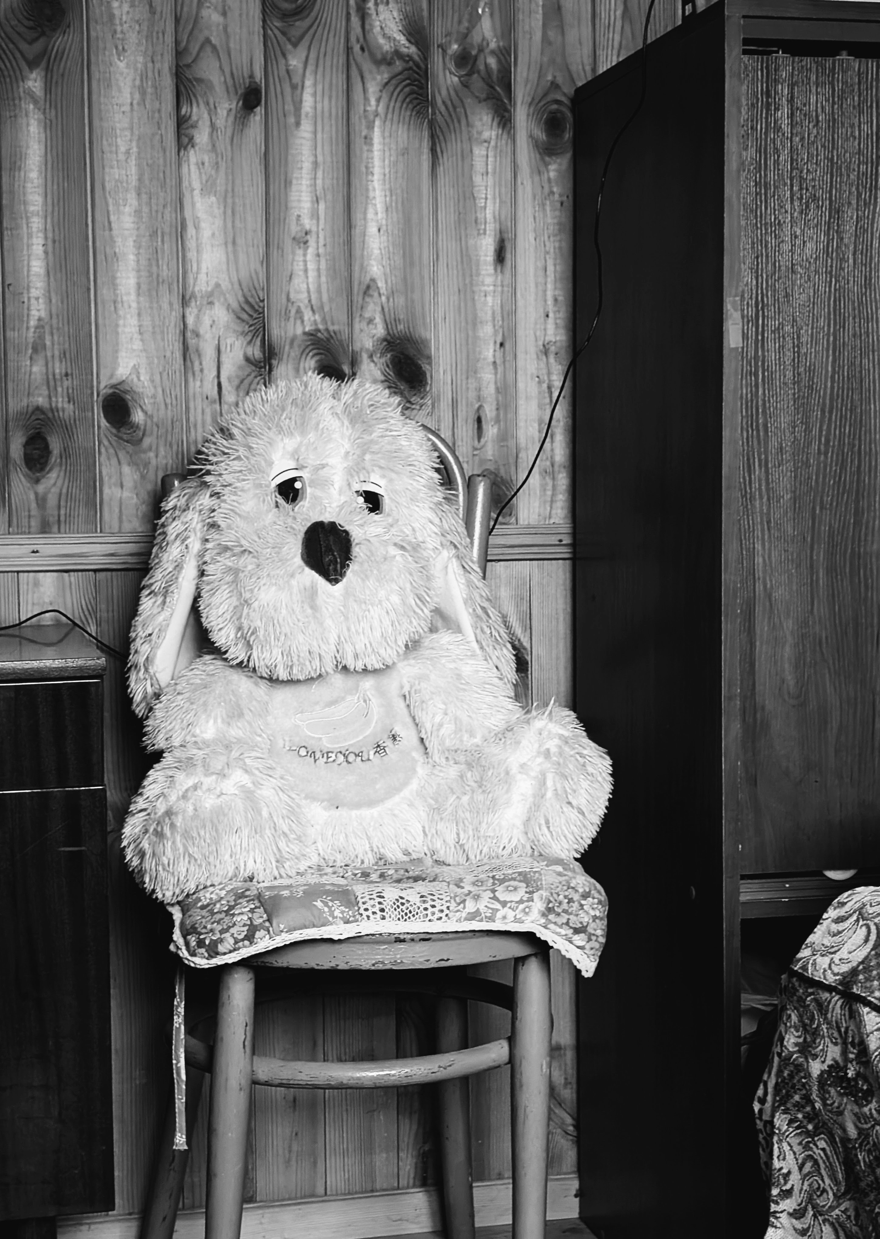 A black-and-white photograph of a plush bunny seated on a wooden chair in a room with vertical wood paneling. The still life emphasizes texture and nostalgia, capturing a quiet, intimate moment.