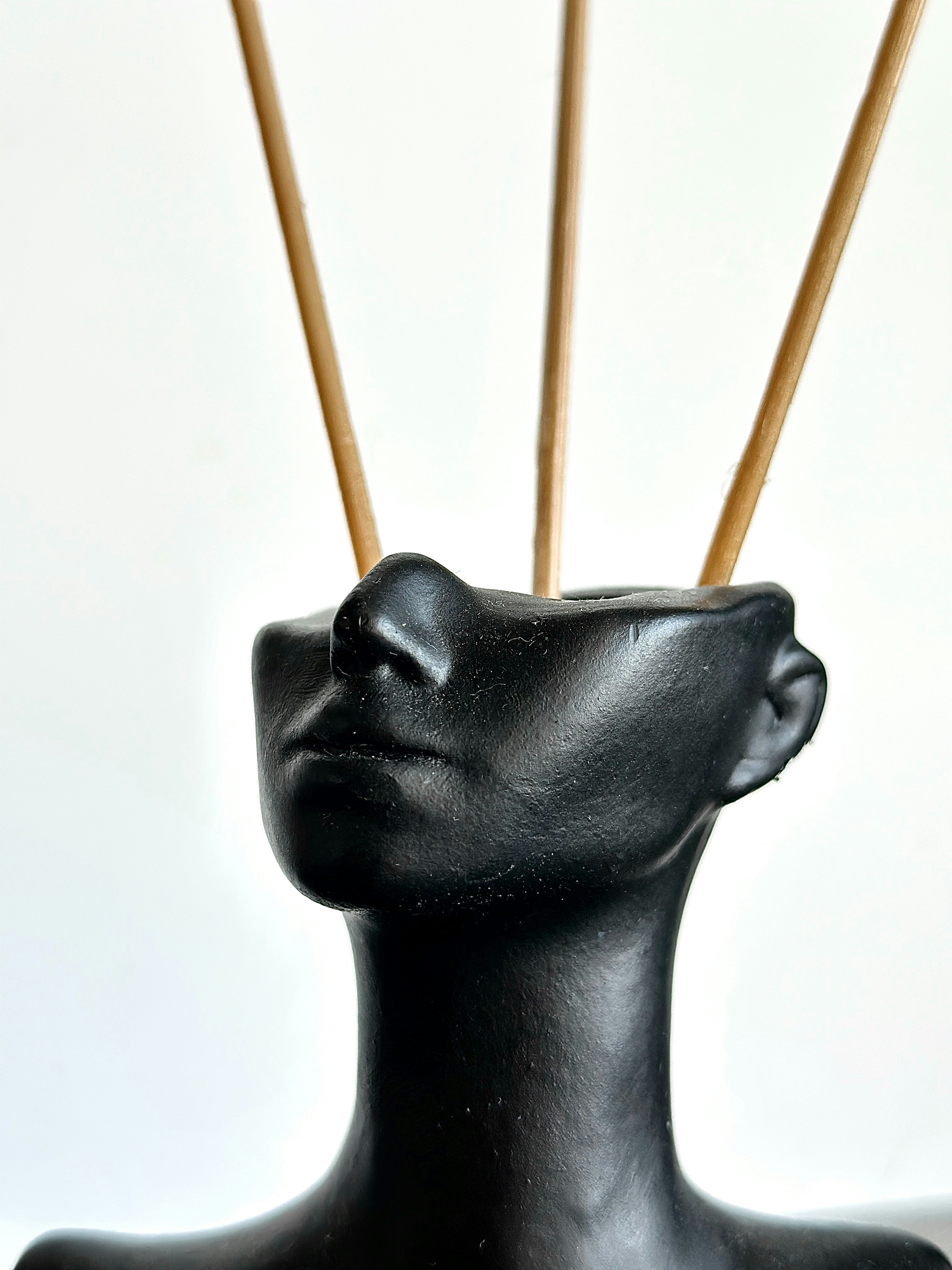 A black mannequin head with sticks sticking out of it photo – Free ...