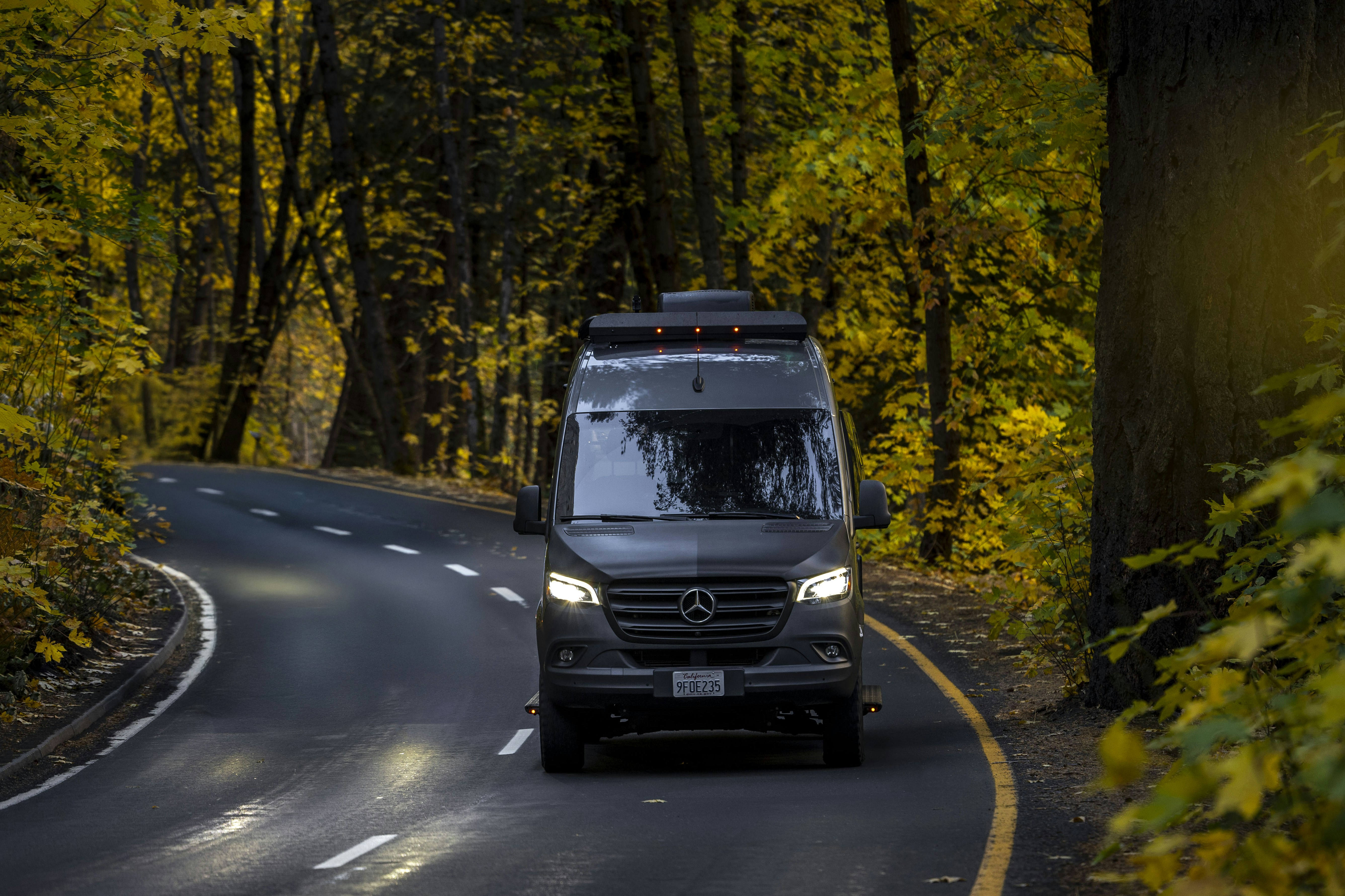 Autumn Curve: Mercedes van carving through a gold-leaved forest road