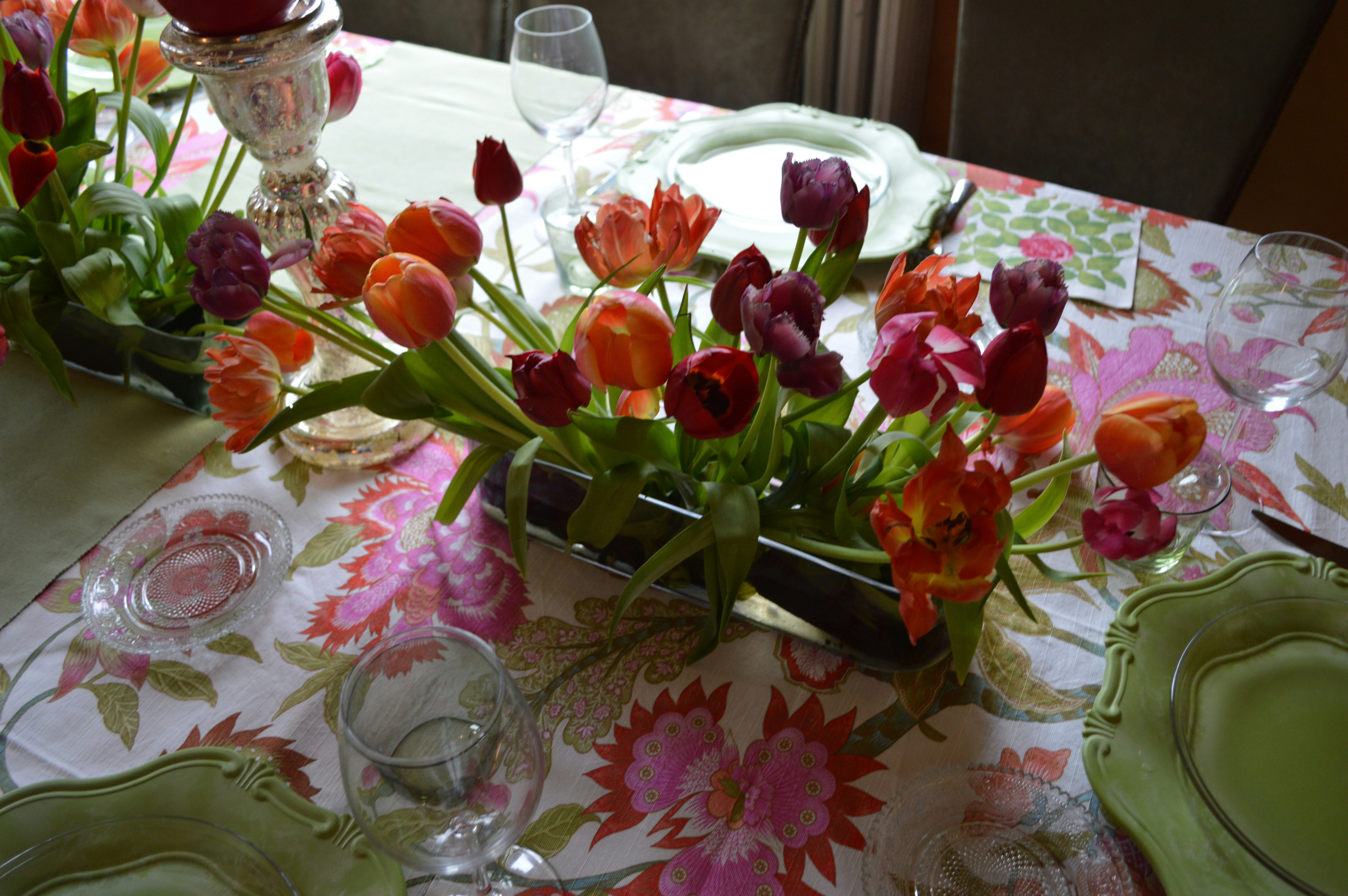 Tulip Cascade Across a Sunlit Dining Table