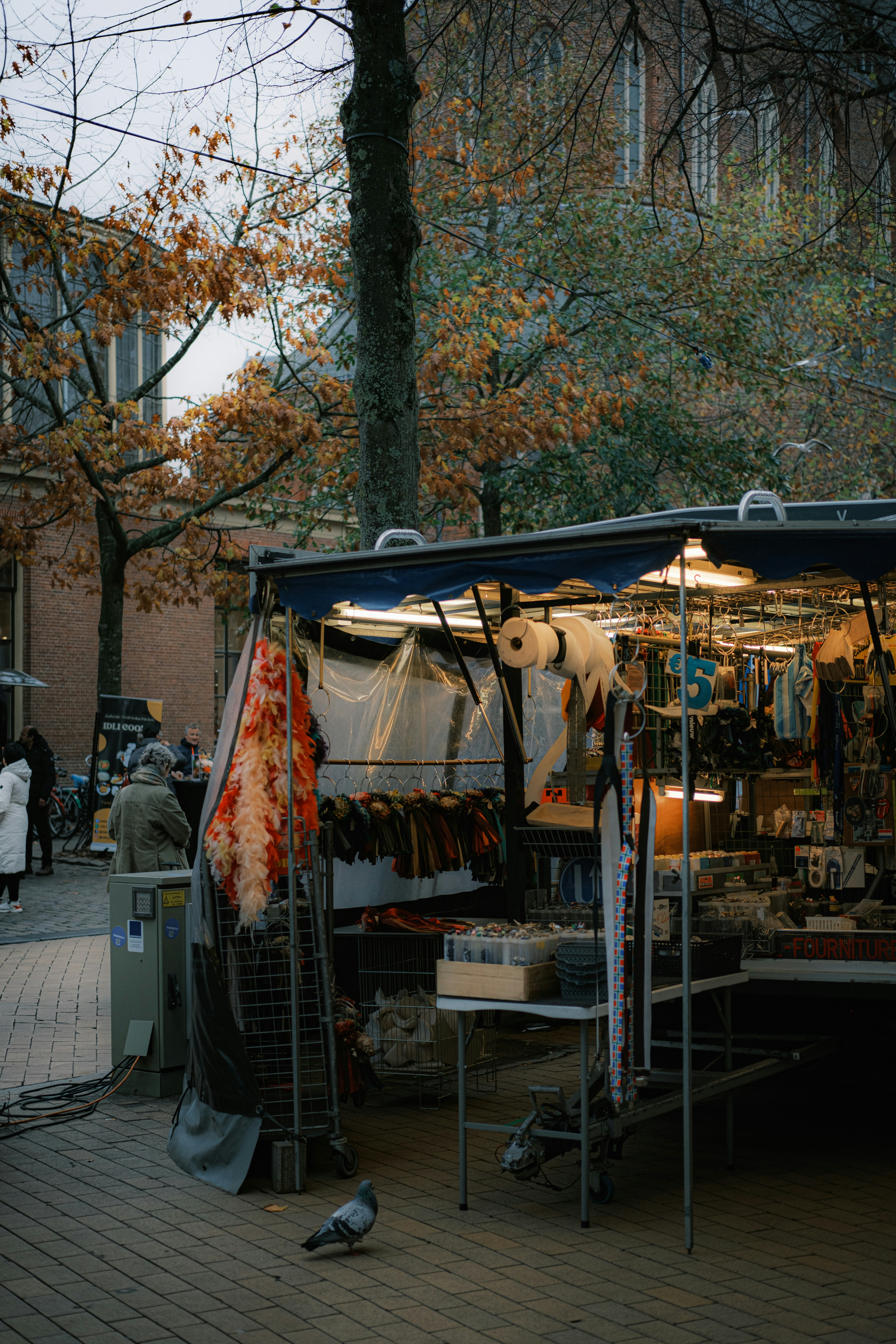 Dusk under the Canopy: Lantern-lit Market Stall in Autumn Light