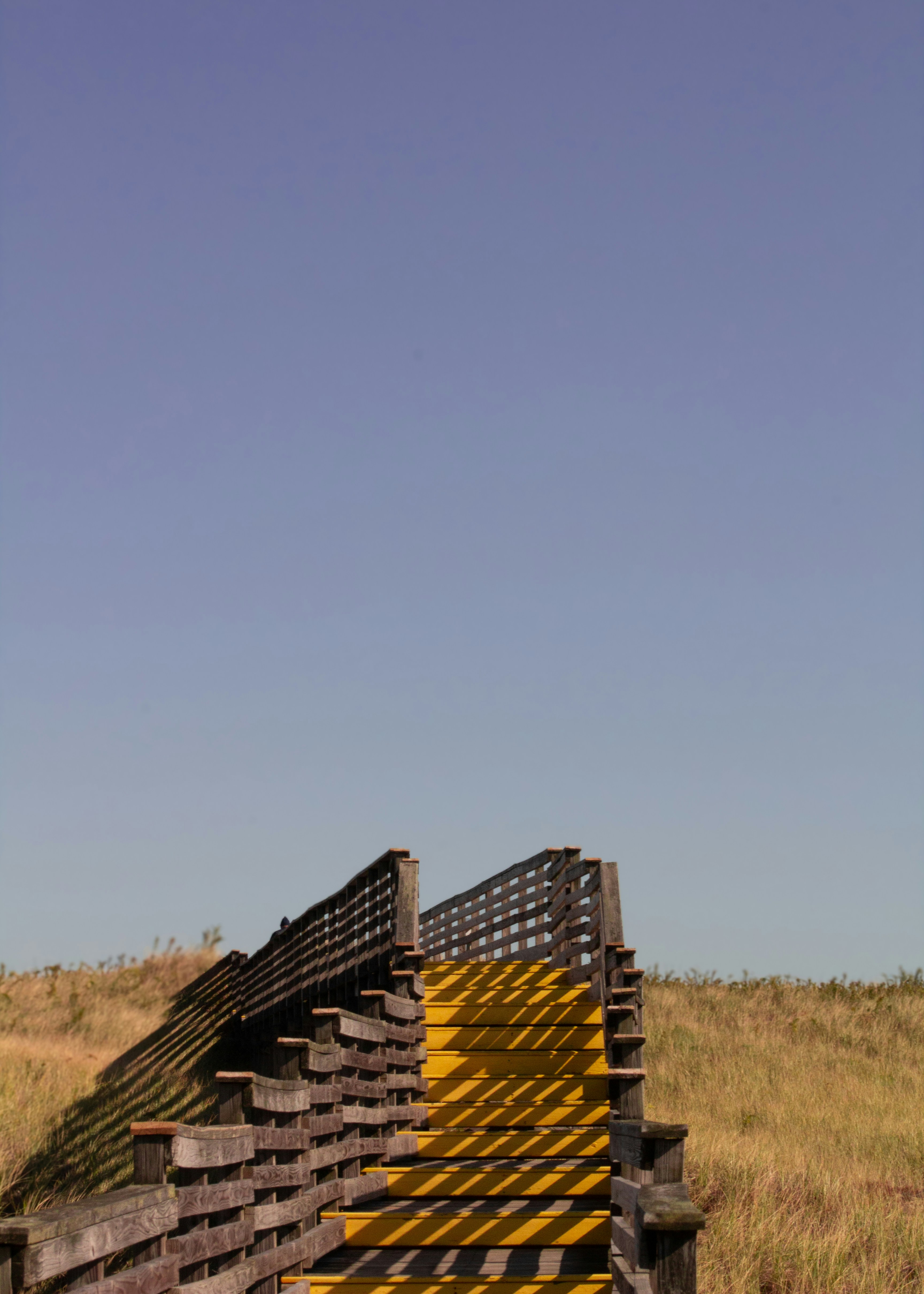 Golden Steps Up a Dune: A Minimal Staircase Against a Blue Expanse