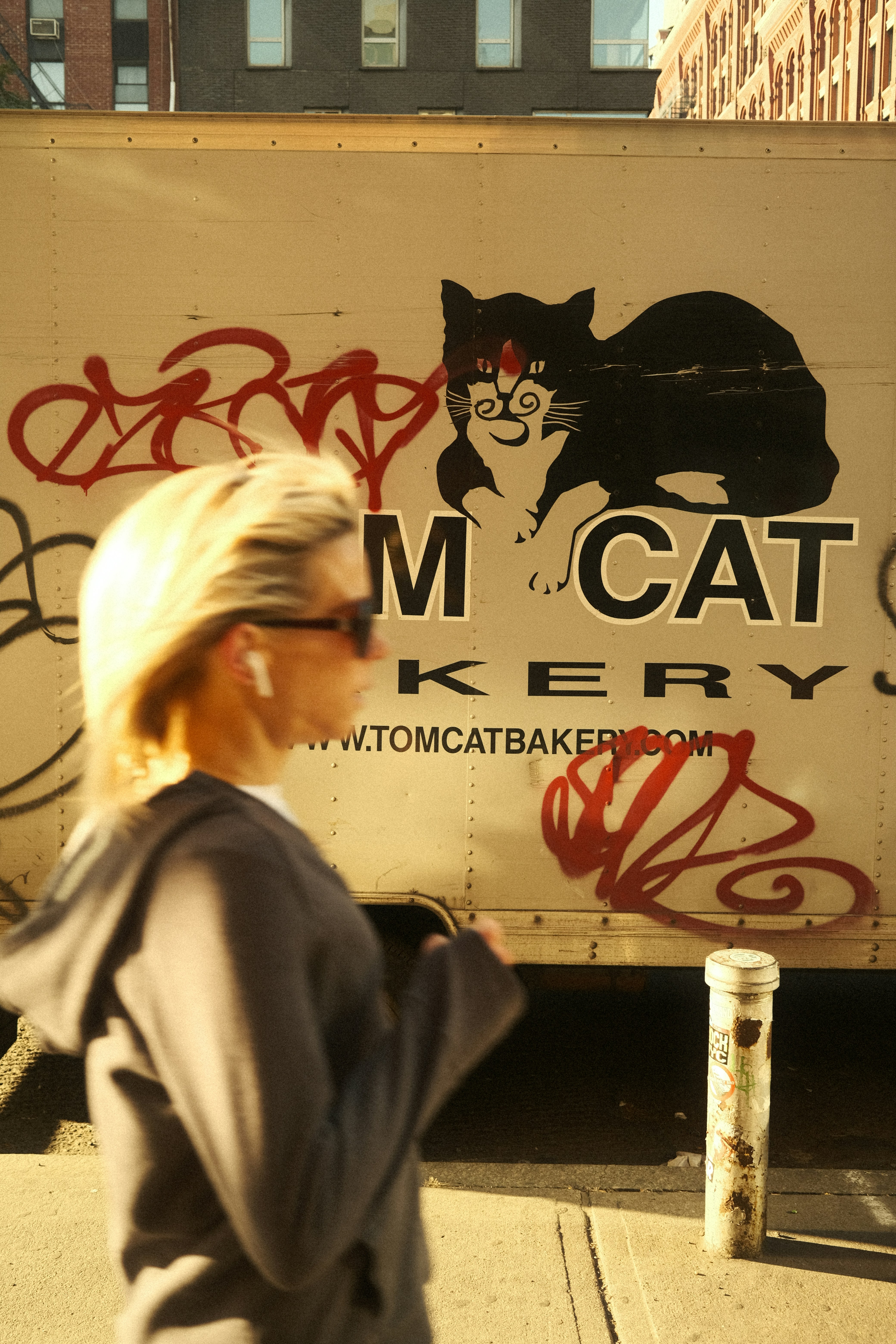 Cat Mascot on a Graffiti-Laced Truck Framed by a Blurred Pedestrian