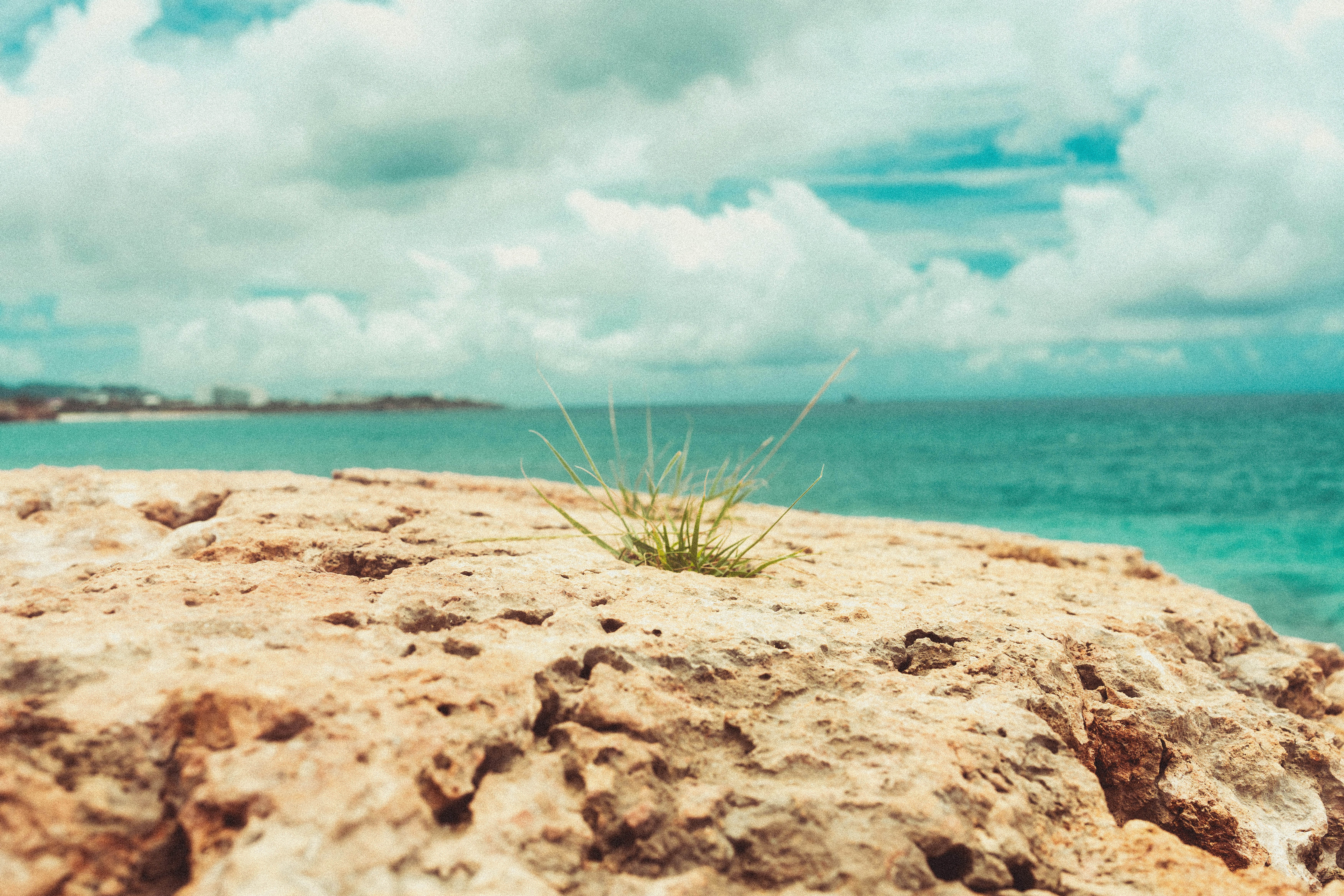 Rocky shoreline with sparse grass overlooking a turquoise ocean under a cloudy sky.