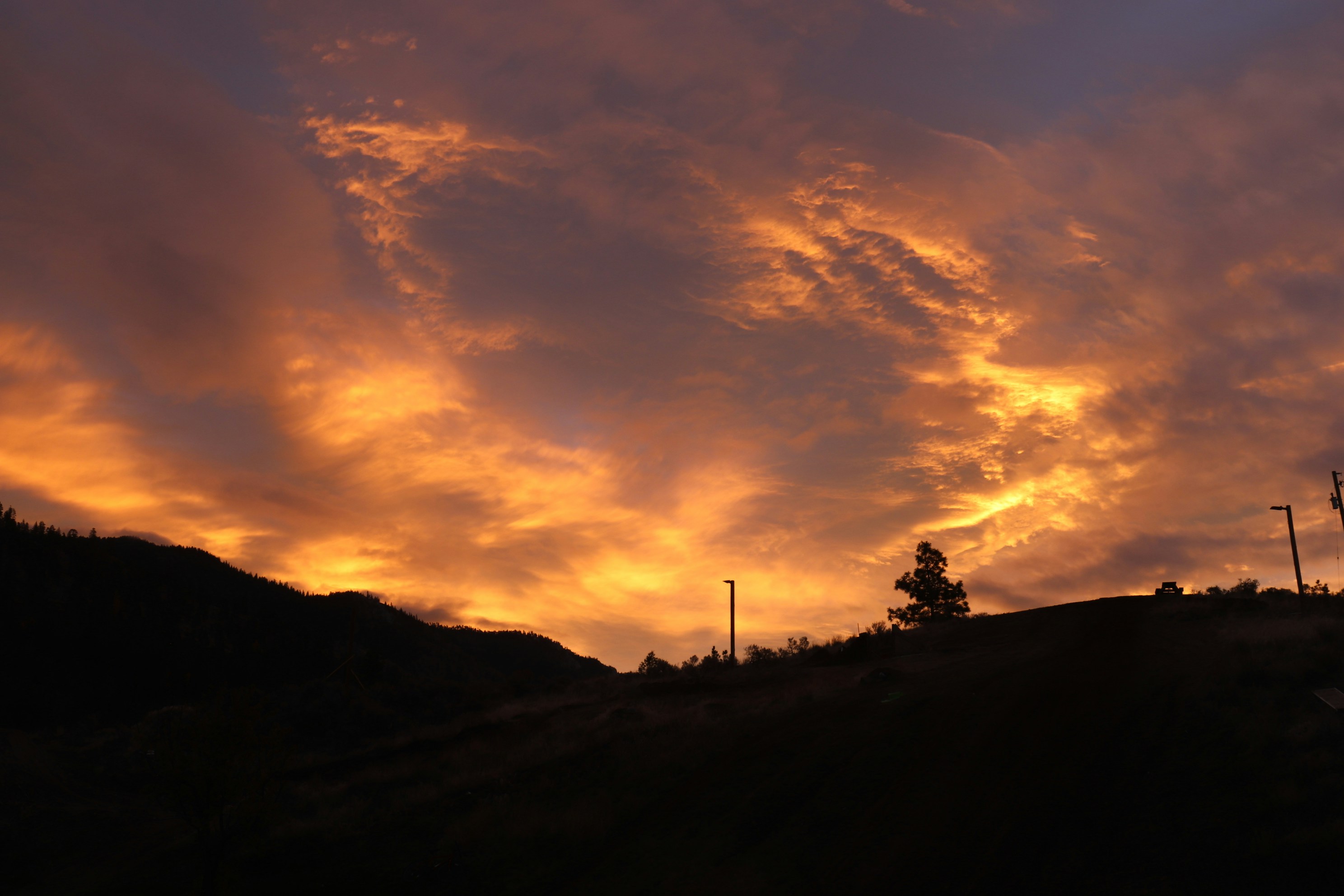 The sun is setting over a hill with trees photo – Free Wallpaper Image ...