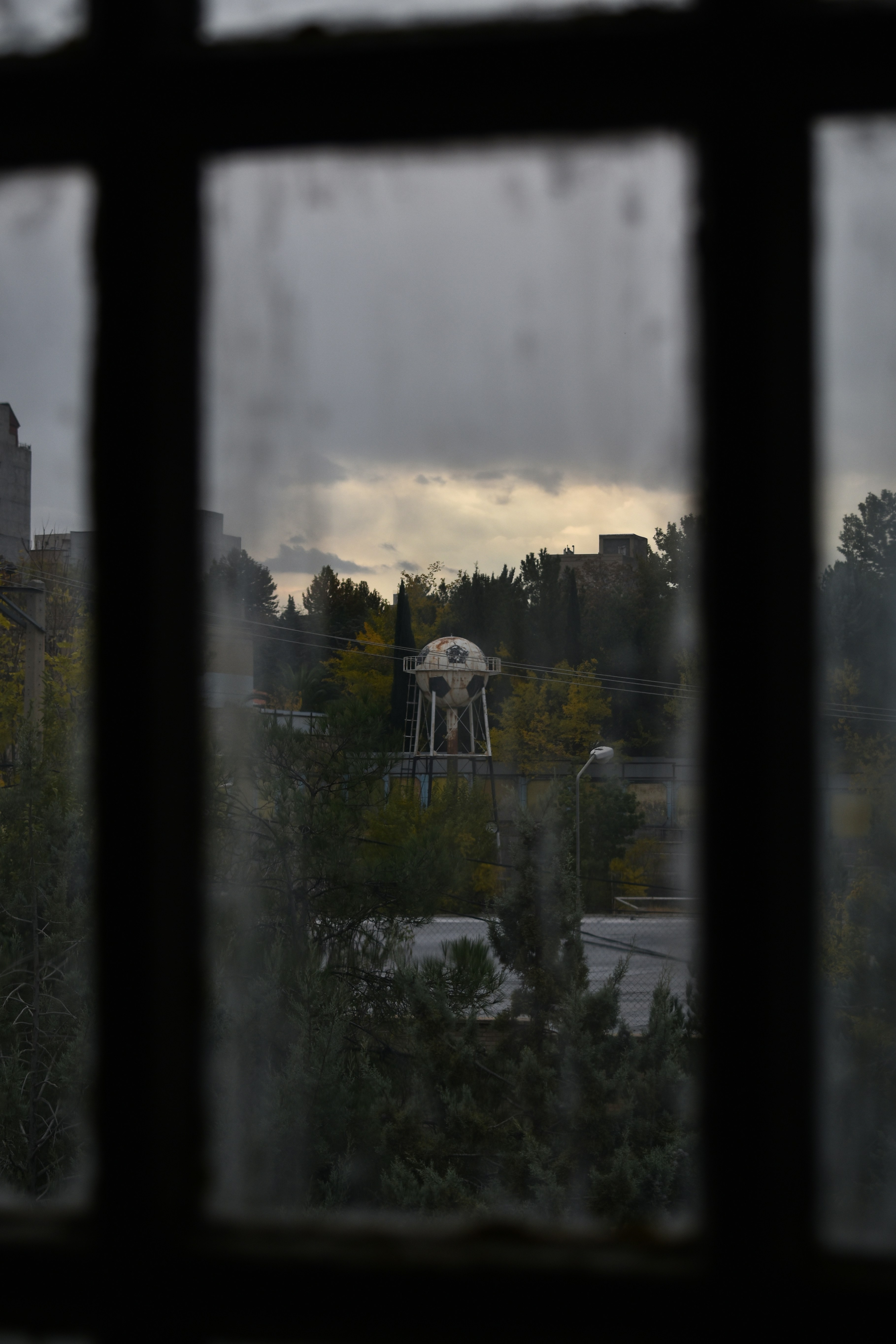 A view of a building through a window