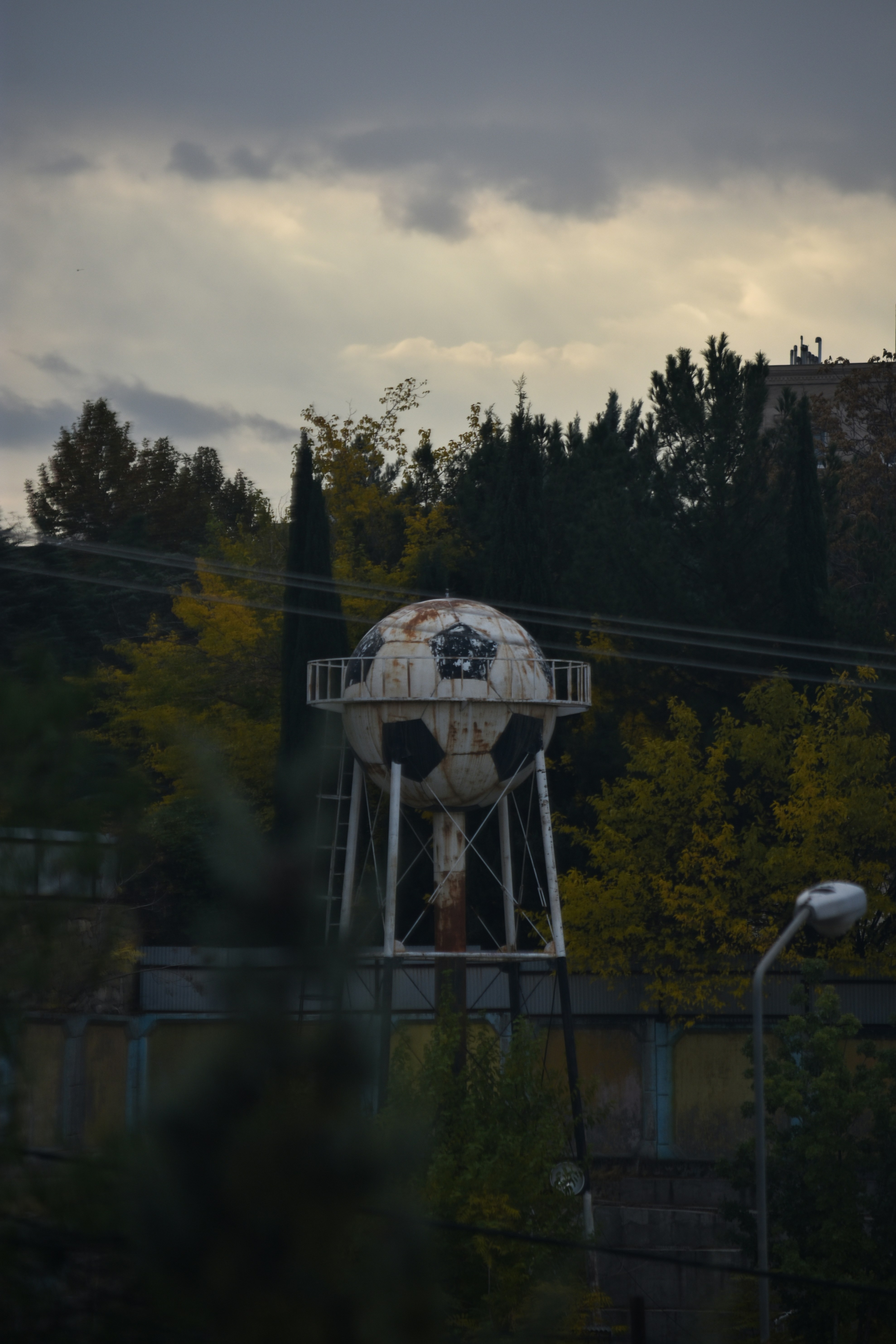 Rust-Speckled Water Tank Looms Over Autumn Pines