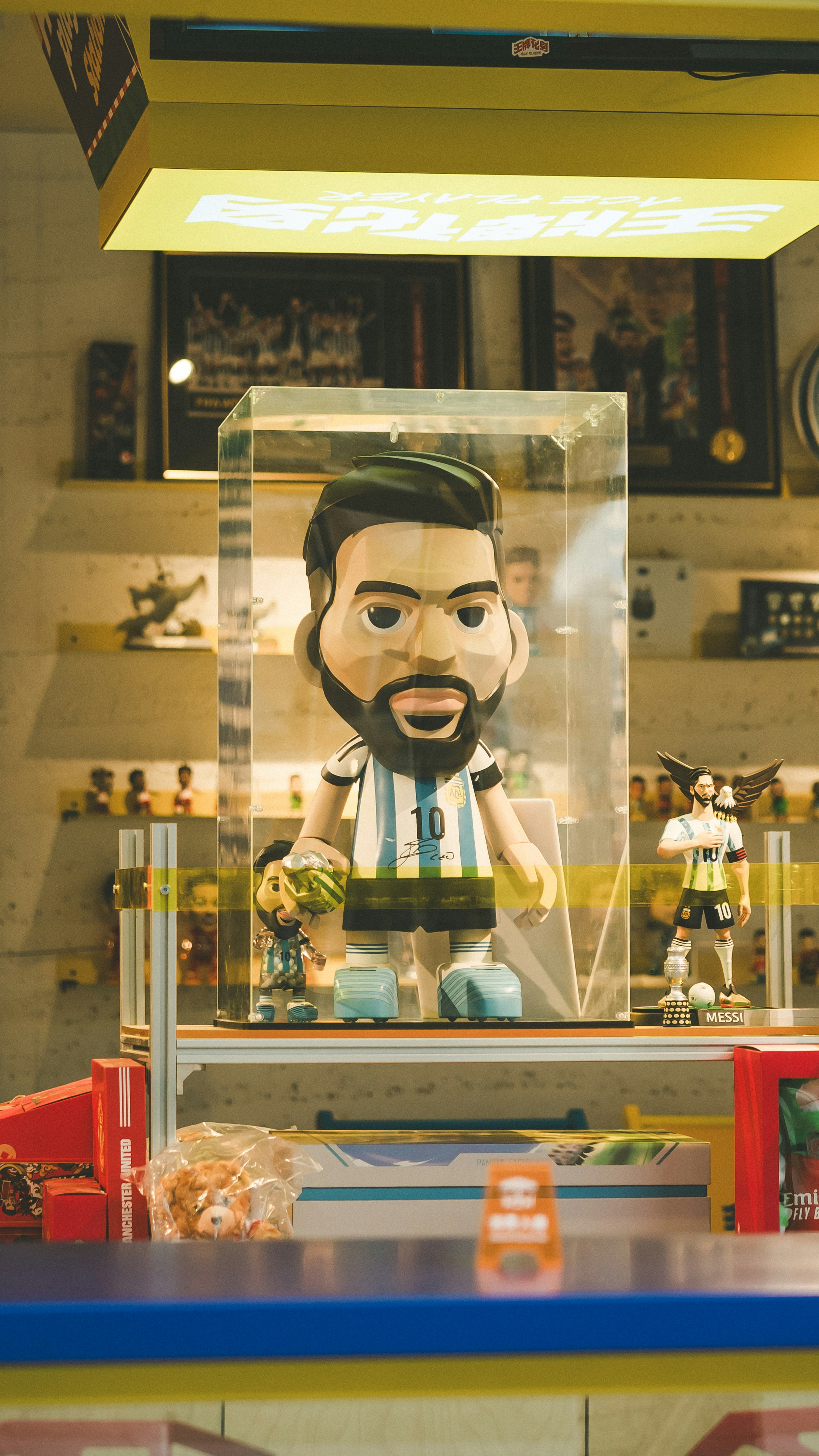 Crystal-encased Bearded Striker Amid a Colorful Toy Aisle