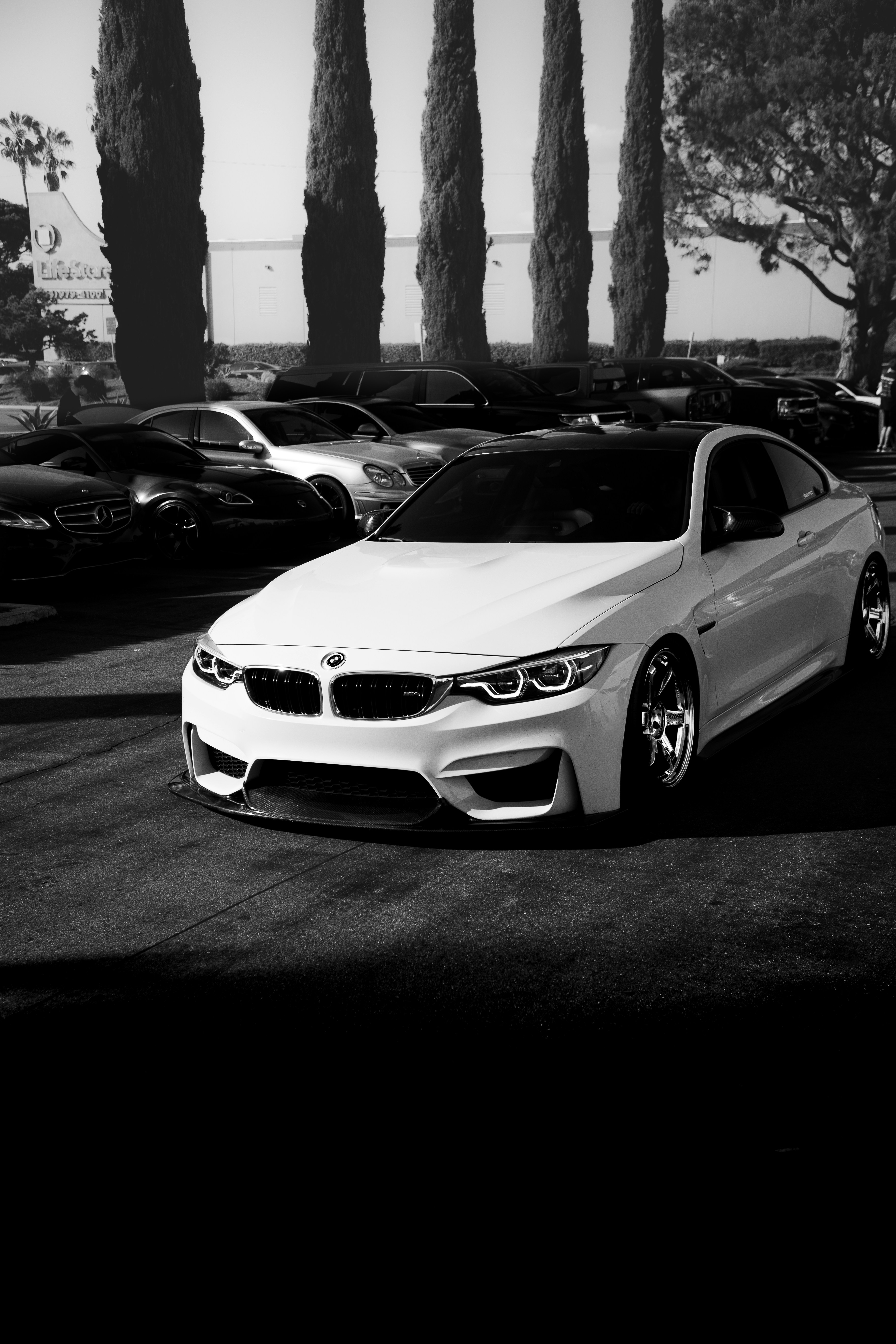 Mono Precision: A White BMW Anchors a Quiet Parking Row