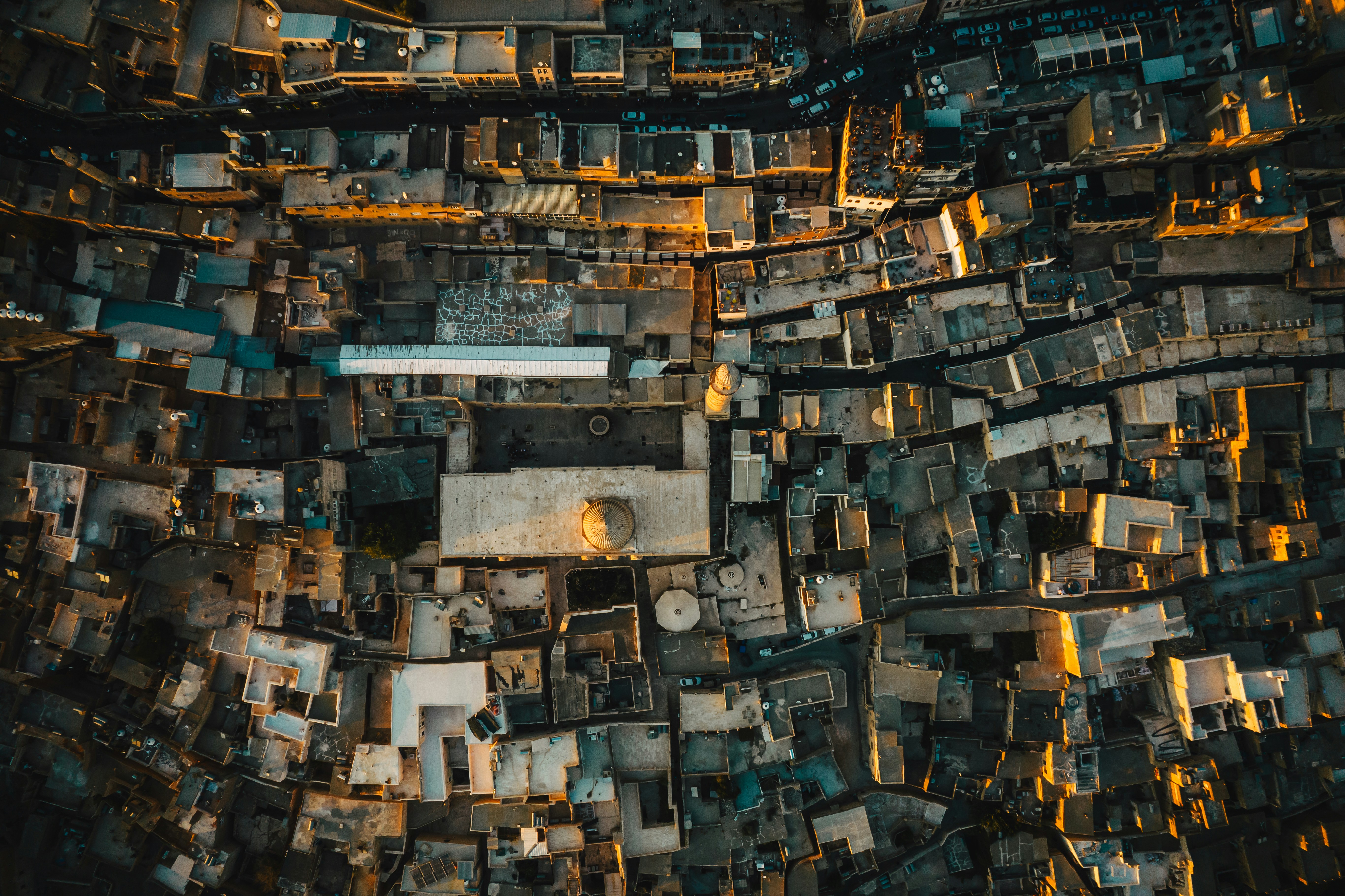 An aerial view of a city at night