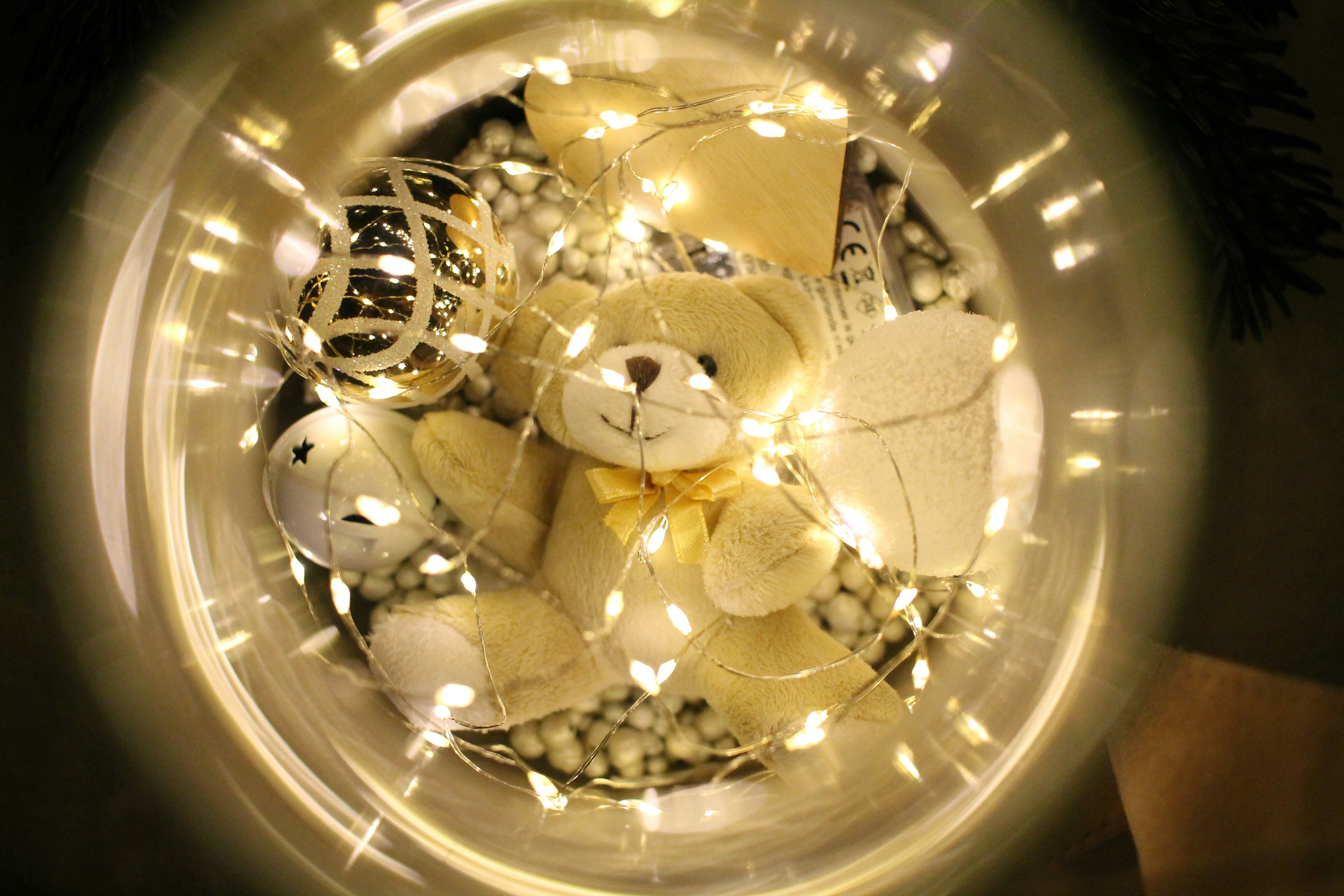 Tiny Bear in a Glass Snow Globe Surrounded by Warm Fairy Lights