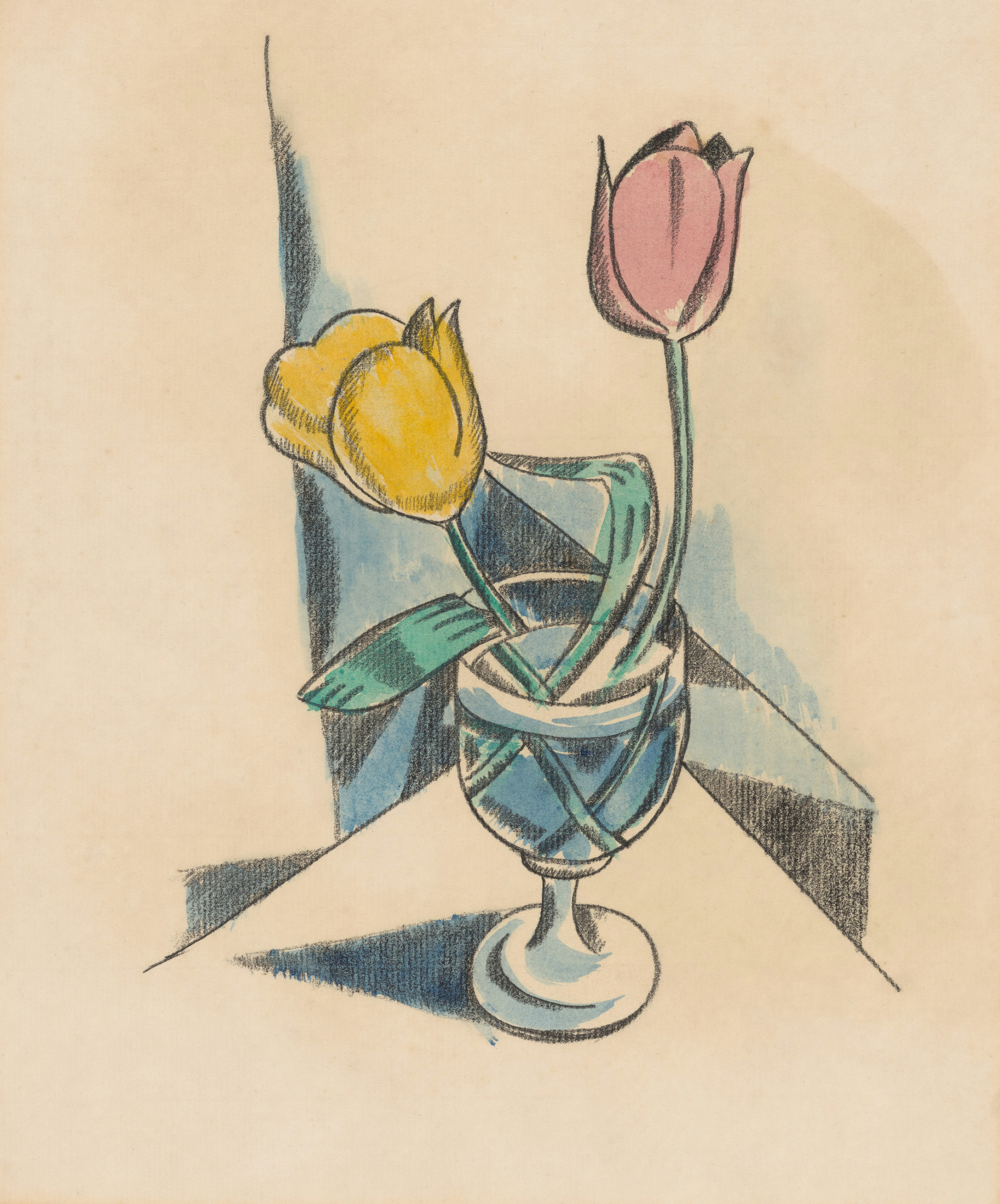Tulips in a Glass: Cubist Light and Shadow on a Simple Still Life