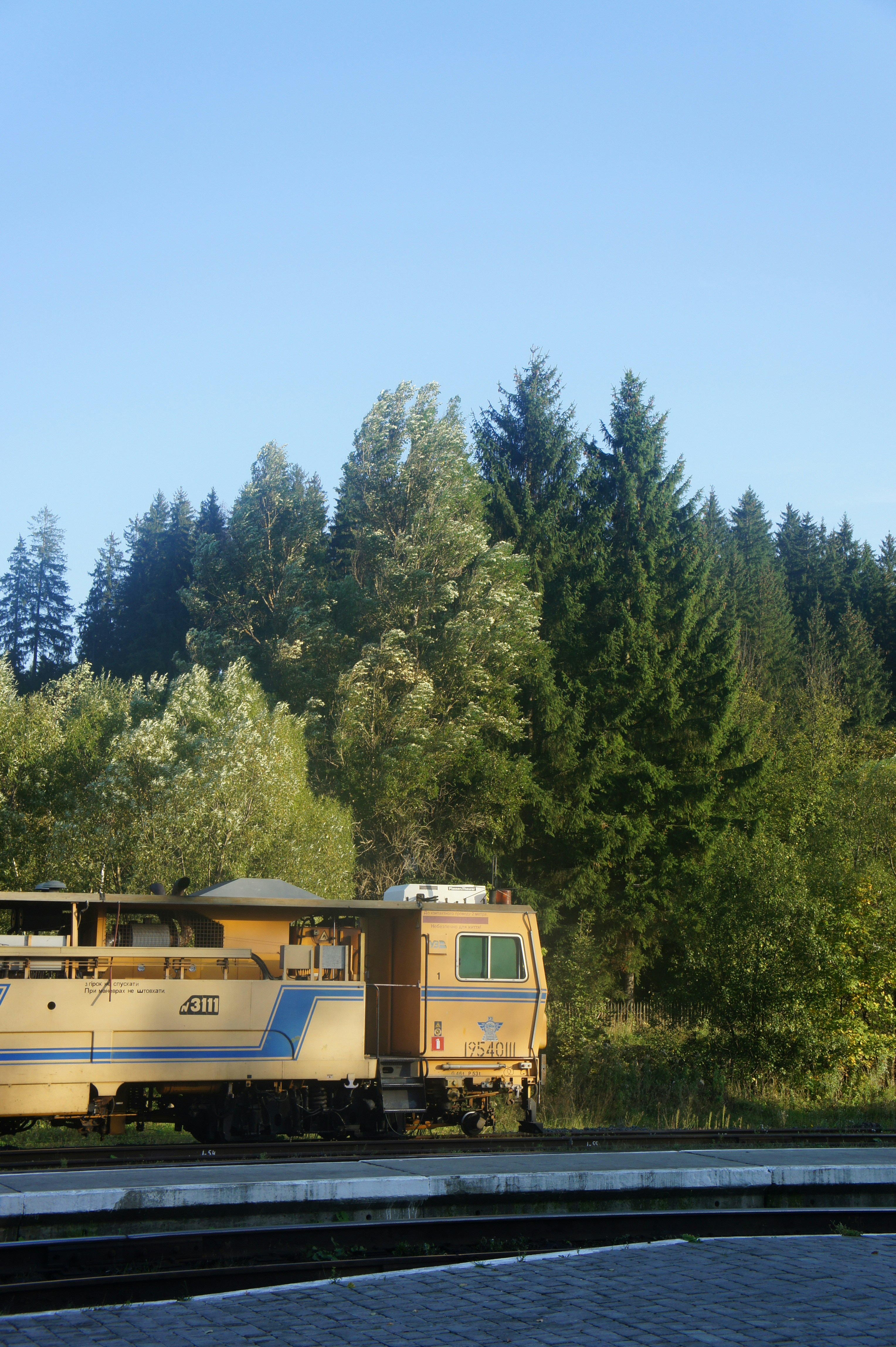 A yellow locomotive sits on tracks beside a forested backdrop under a clear blue sky.