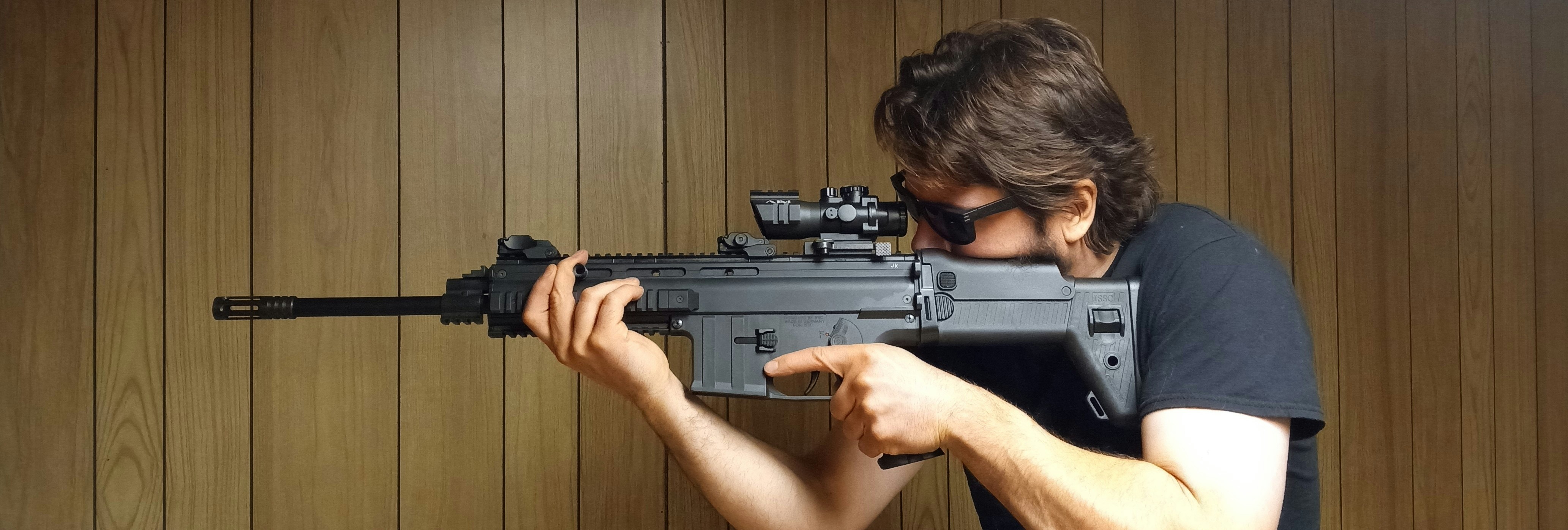 Through the Scope: A Wood-Walled Portrait of a Focused Marksman