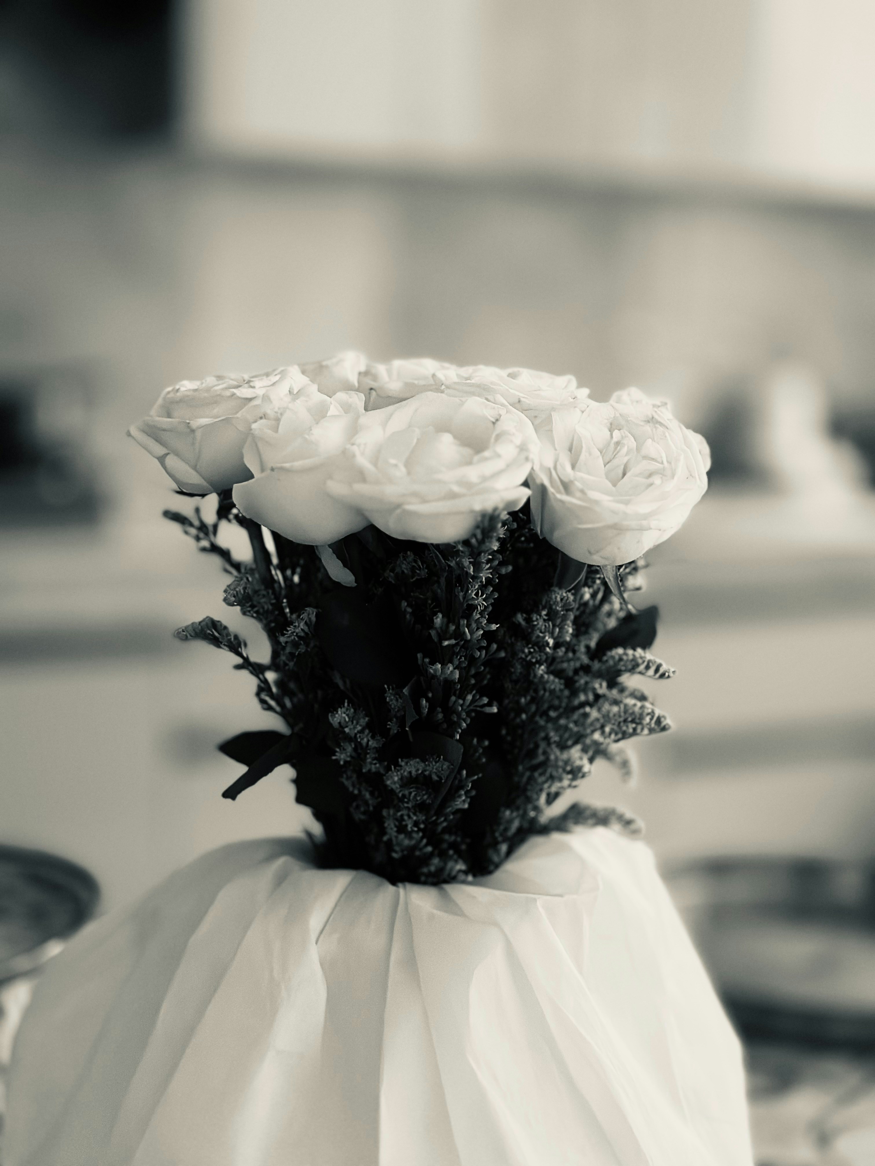 Bouquet in Soft Focus: Ivory Roses Carried by a Draped White Cloth