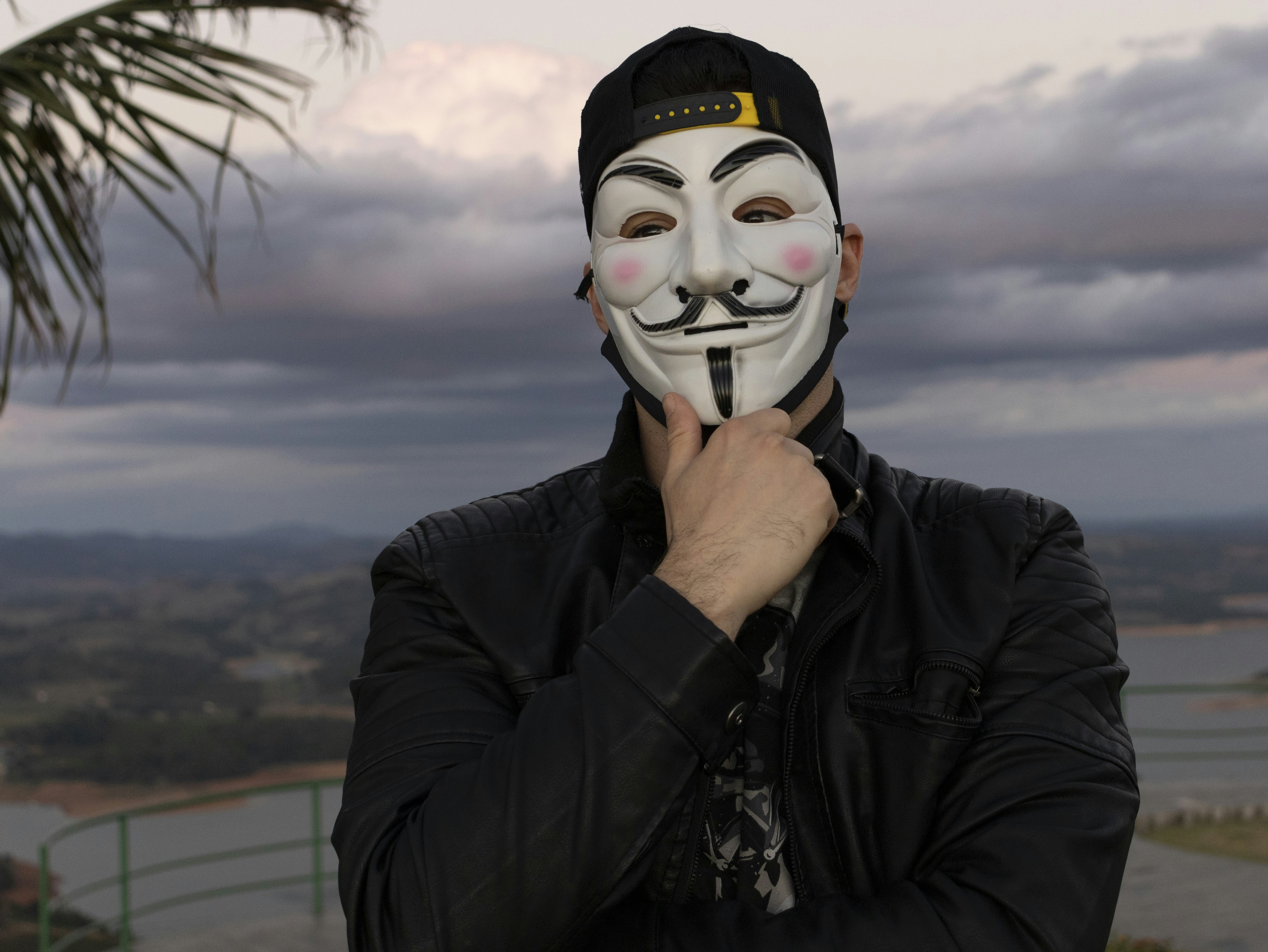A man wearing a guy fappe mask with a palm tree in the background photo ...