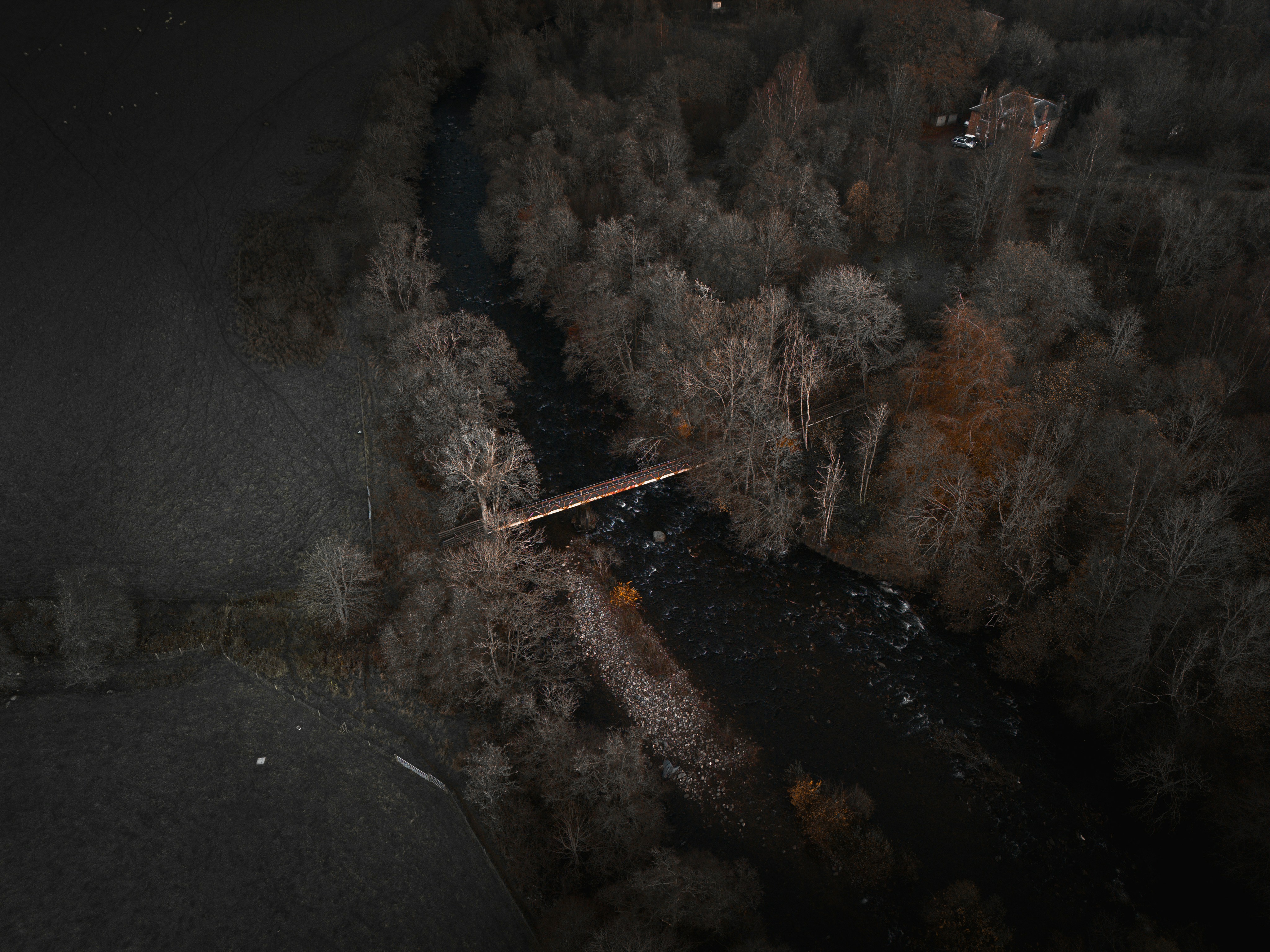Narrow bridge spans a dark river flanked by bare winter trees in a tranquil rural landscape.