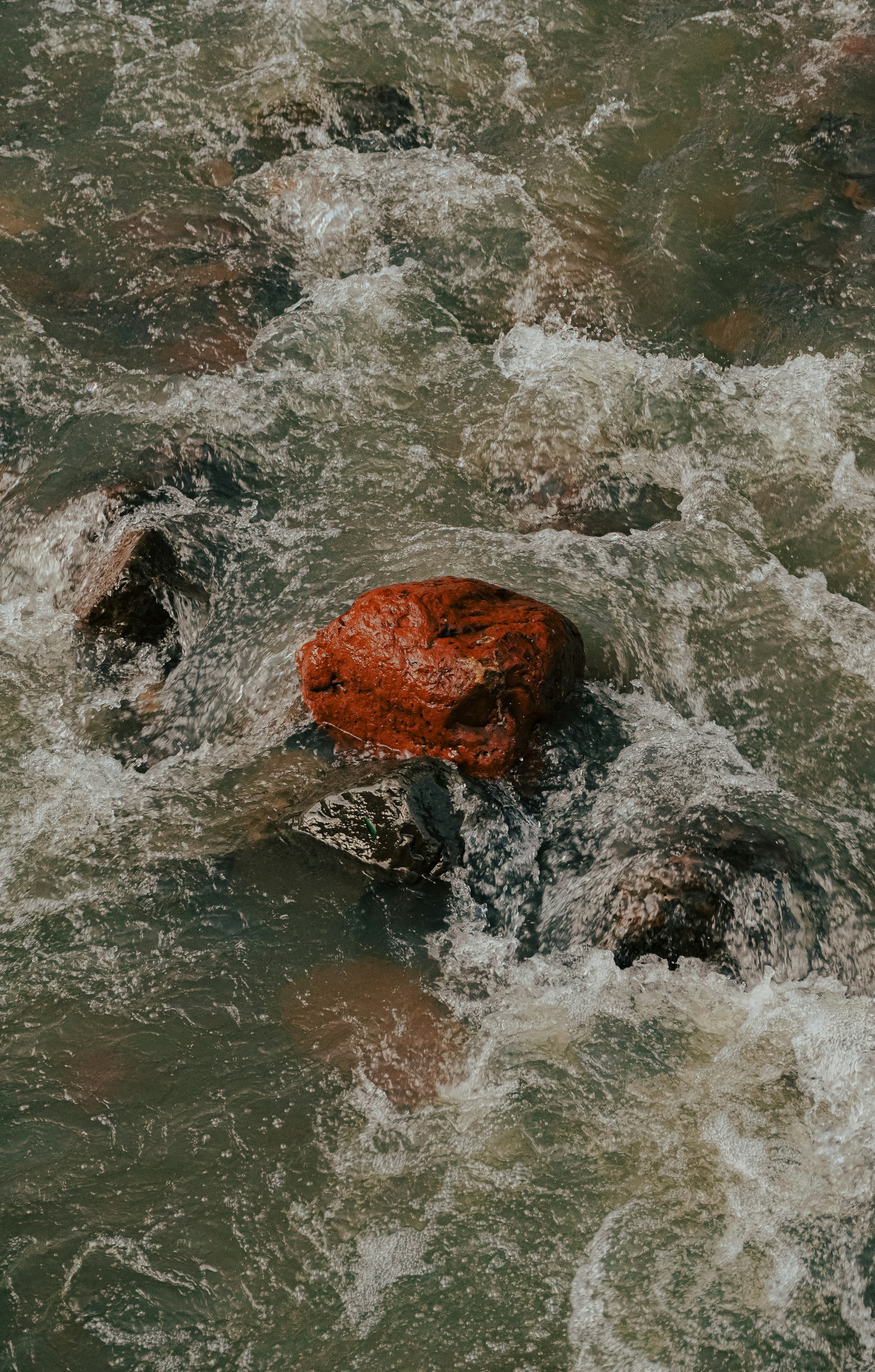 Crimson Rock in a Cascade: Focus Amid the Flow