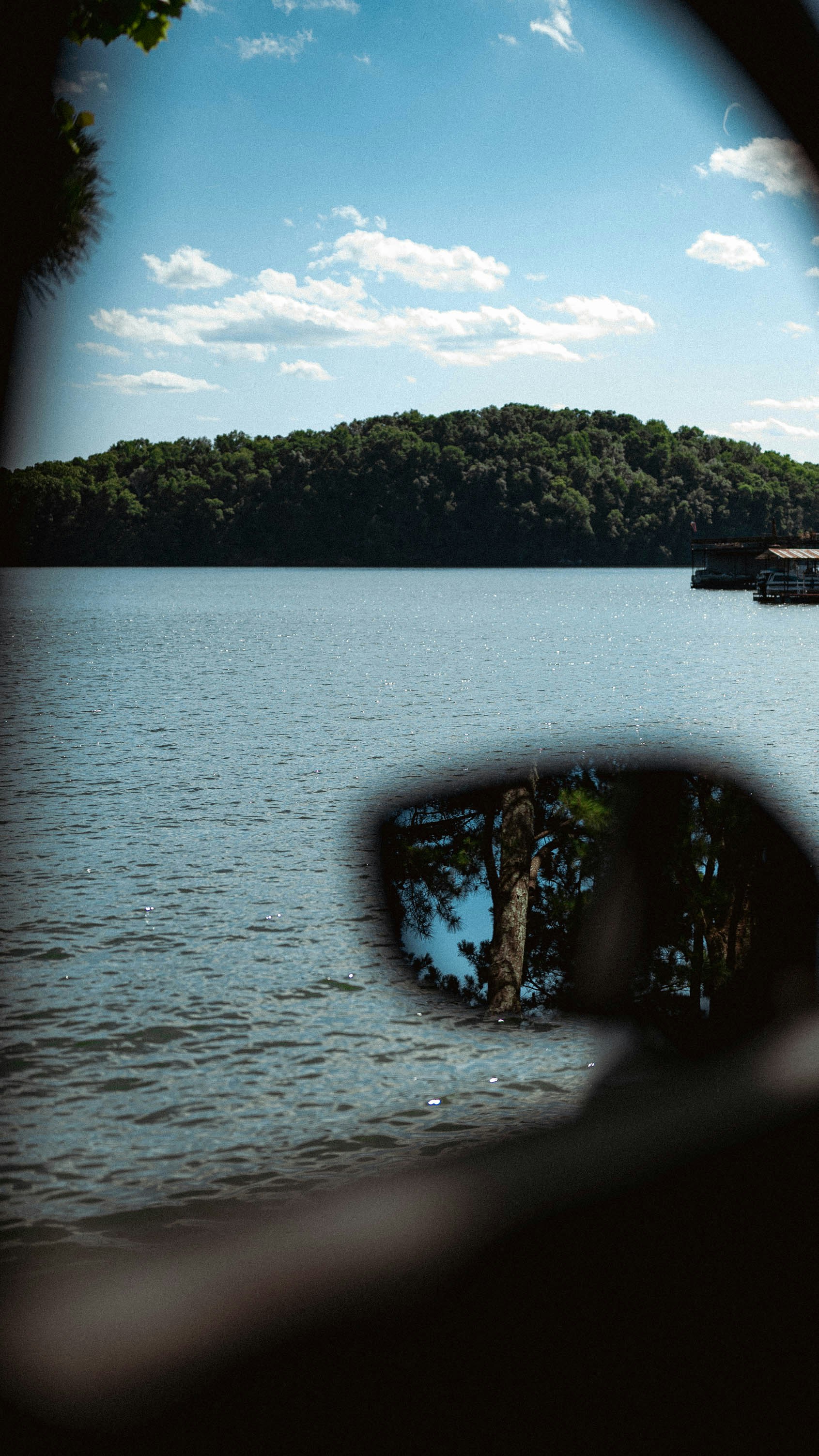 Mirror-Frame Lake View: Island and Pines Reflected in a Car Mirror