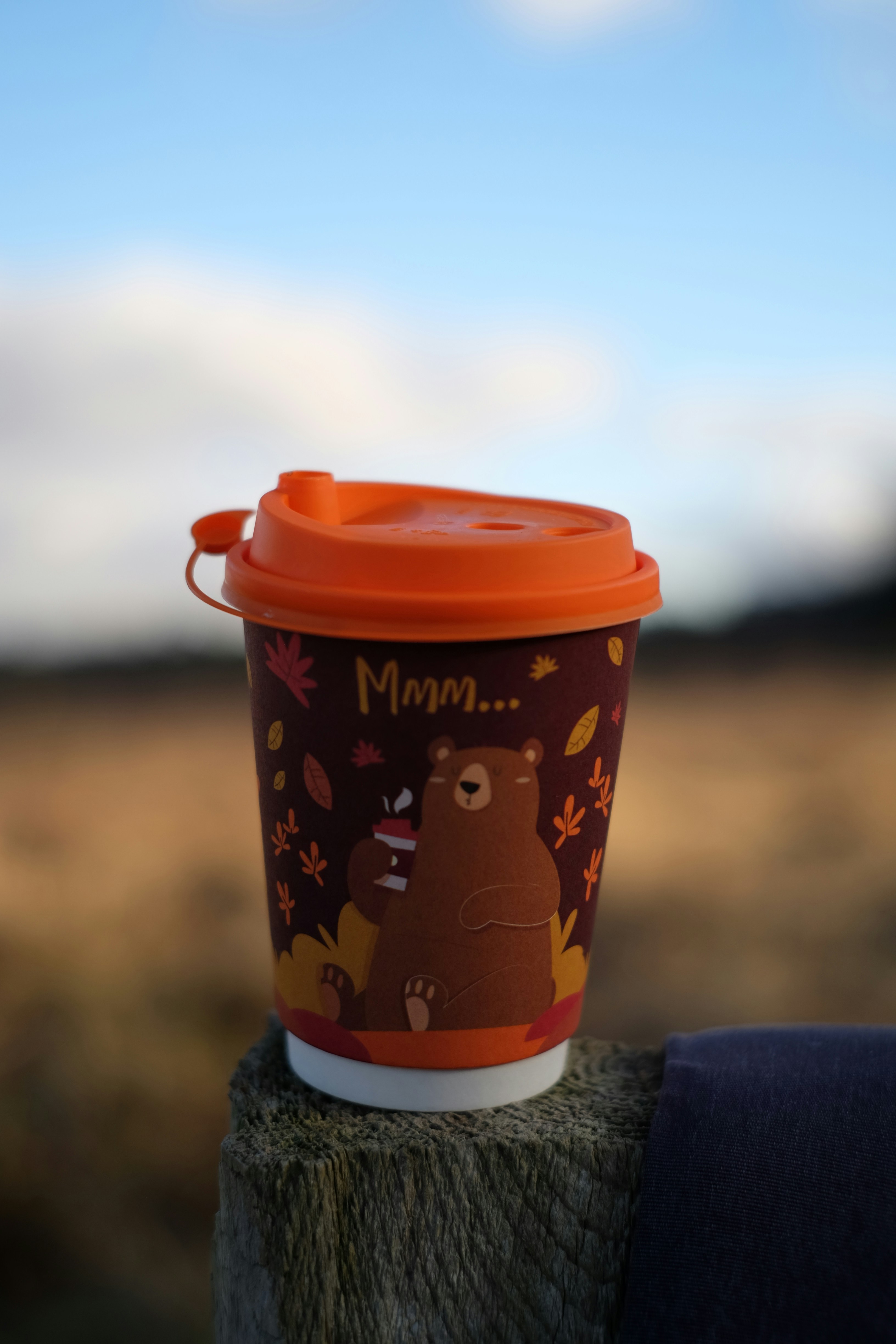 Autumn Cup: Cozy Coffee Portrait on a Weathered Post