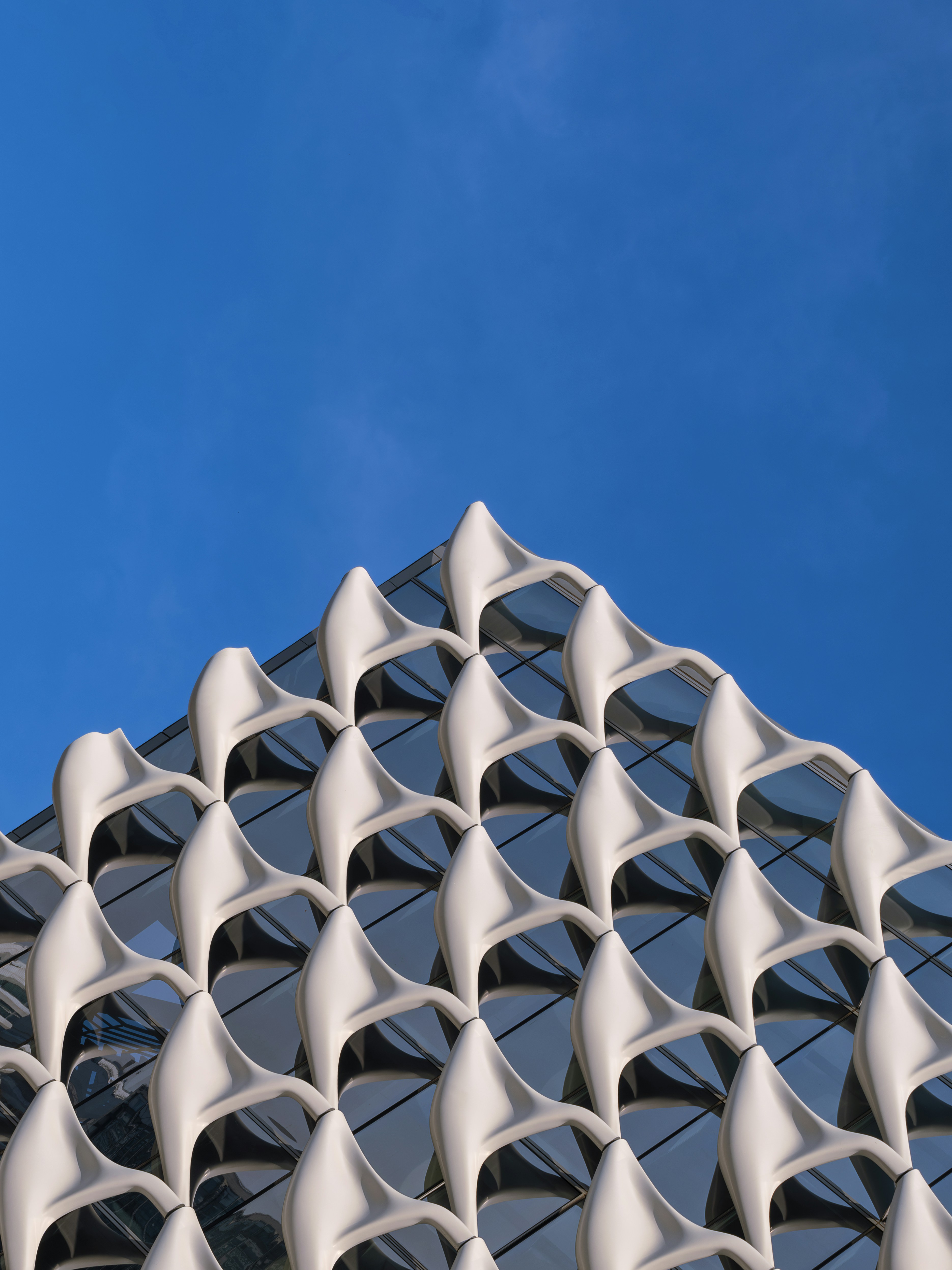 Close-up of a tessellated facade with white curved panels forming a wave-like pattern. The dense lattice contrasts with a clear blue sky.