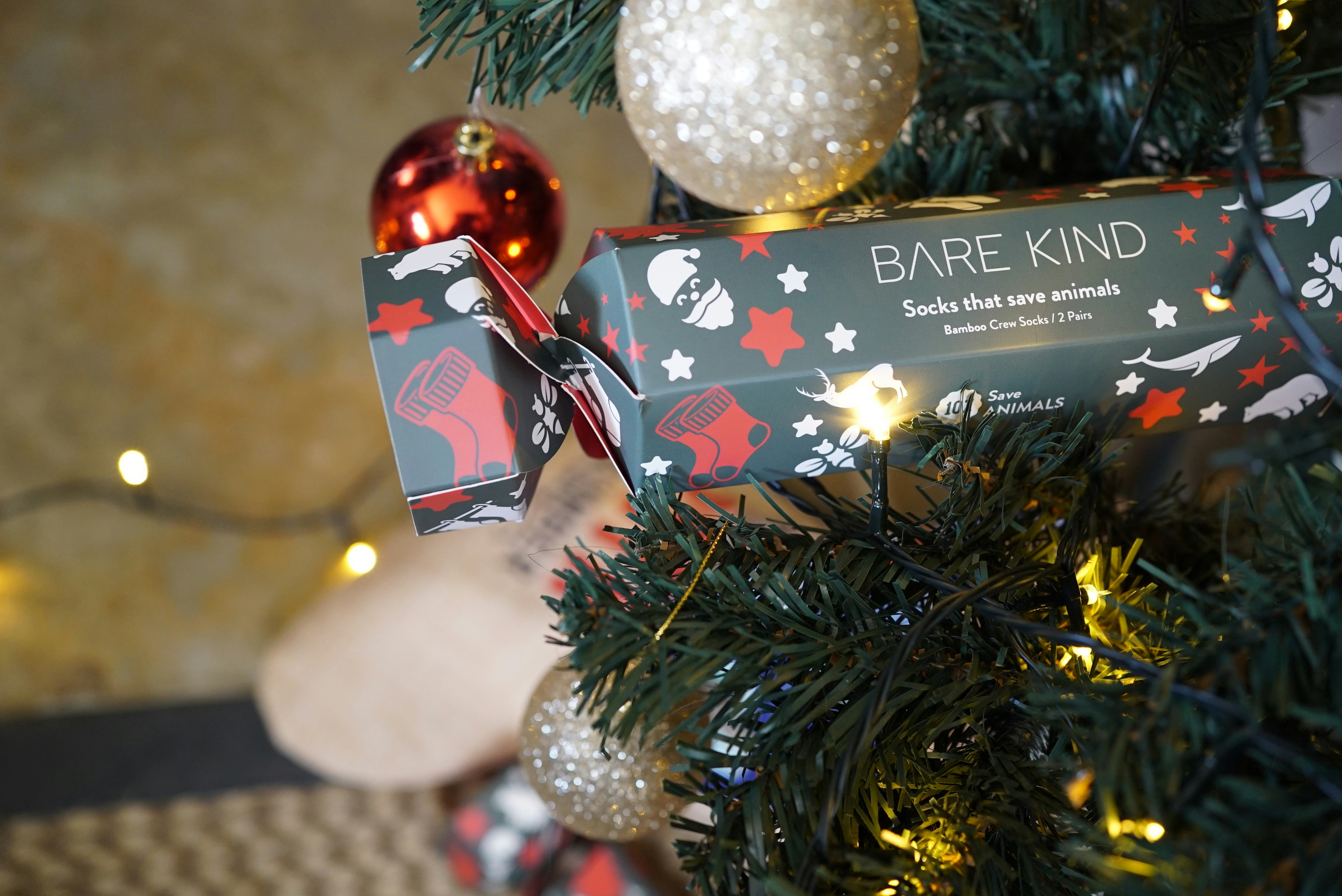 Bare Kind Gift Tag Amid Warm Christmas Lights on a Fir