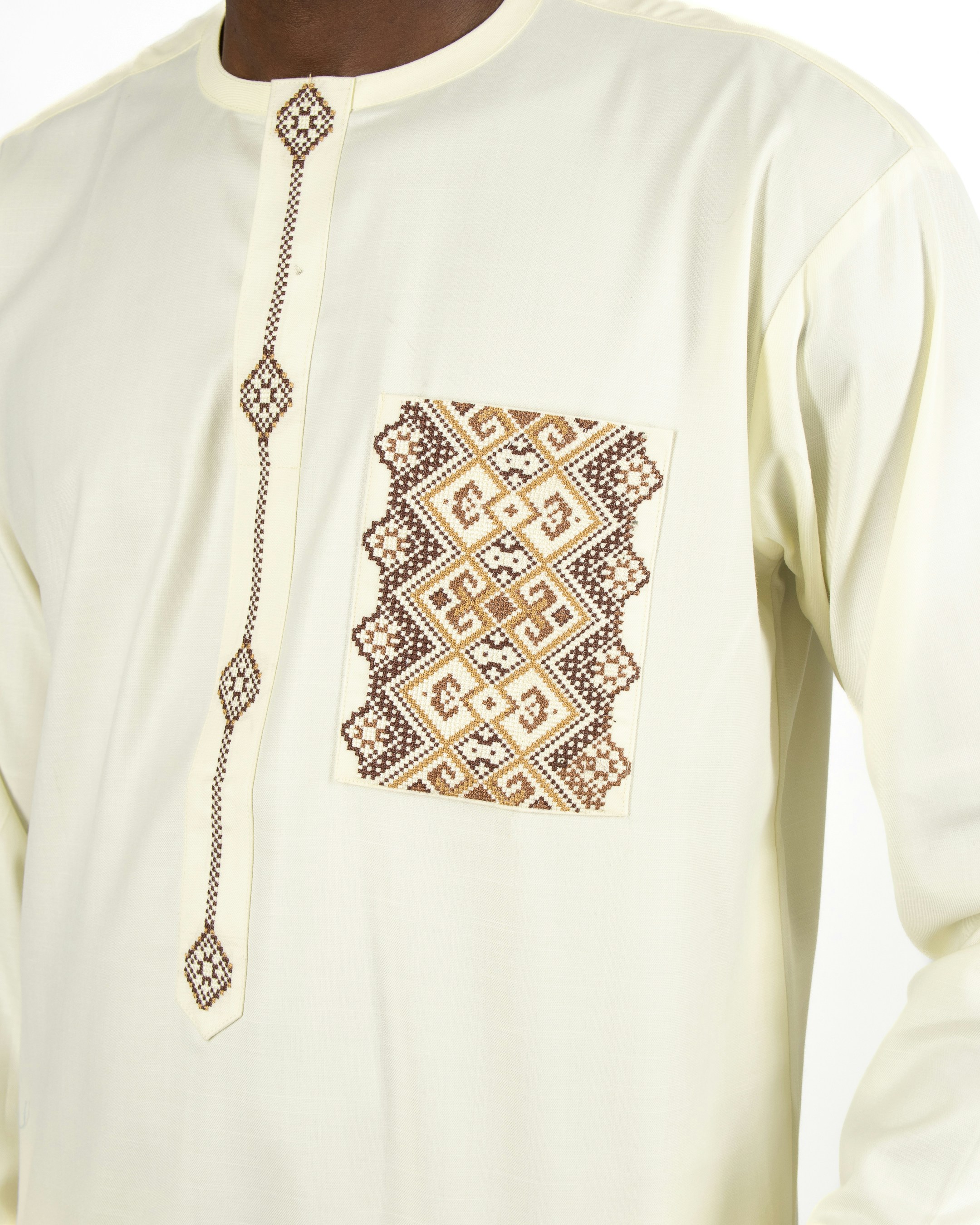 Diamond Geometry on Ivory Tunic: Closeup of Pocket Embroidery