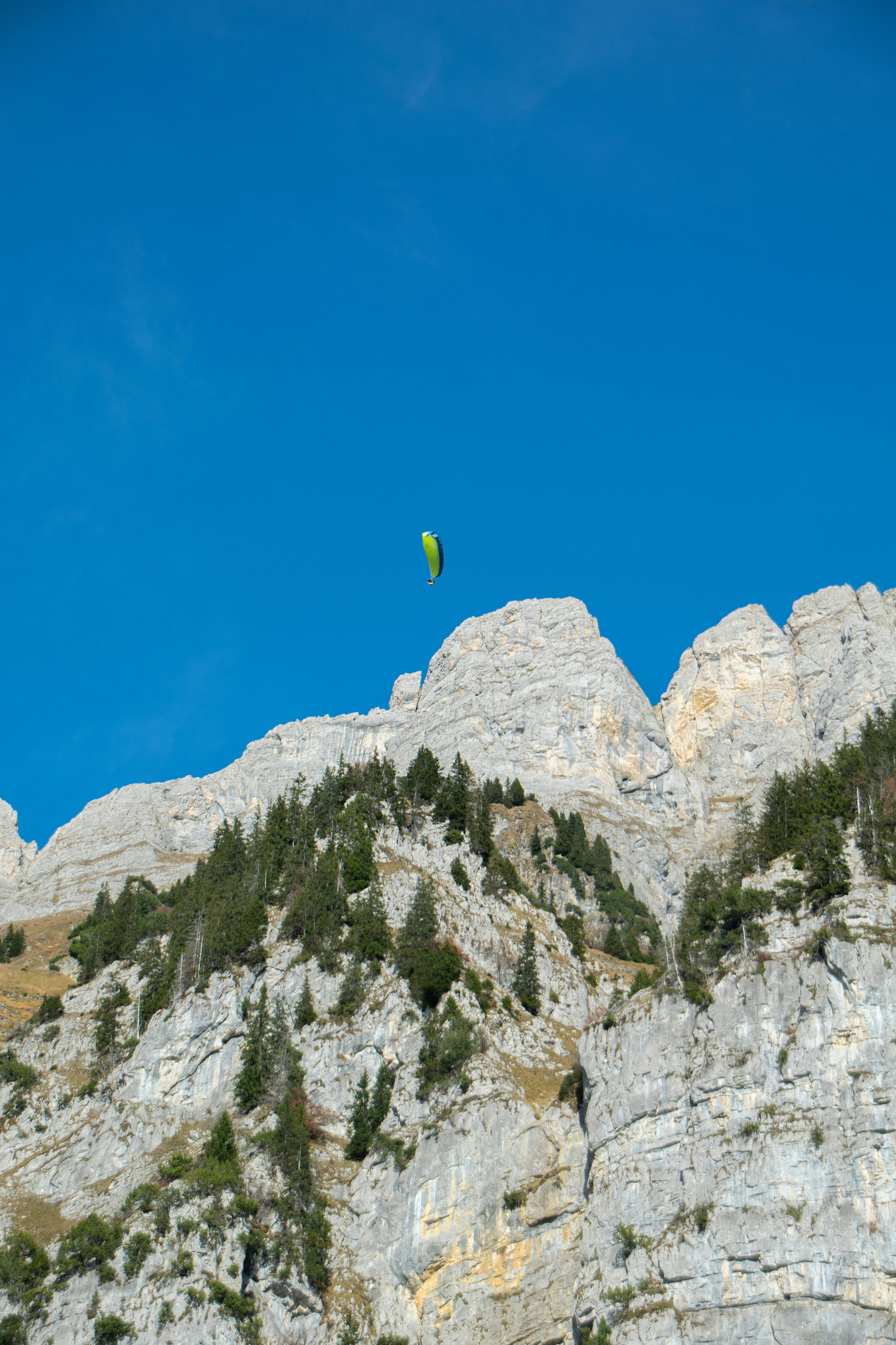 Green Wing Over Alpine Crags Beneath a Cerulean Sky