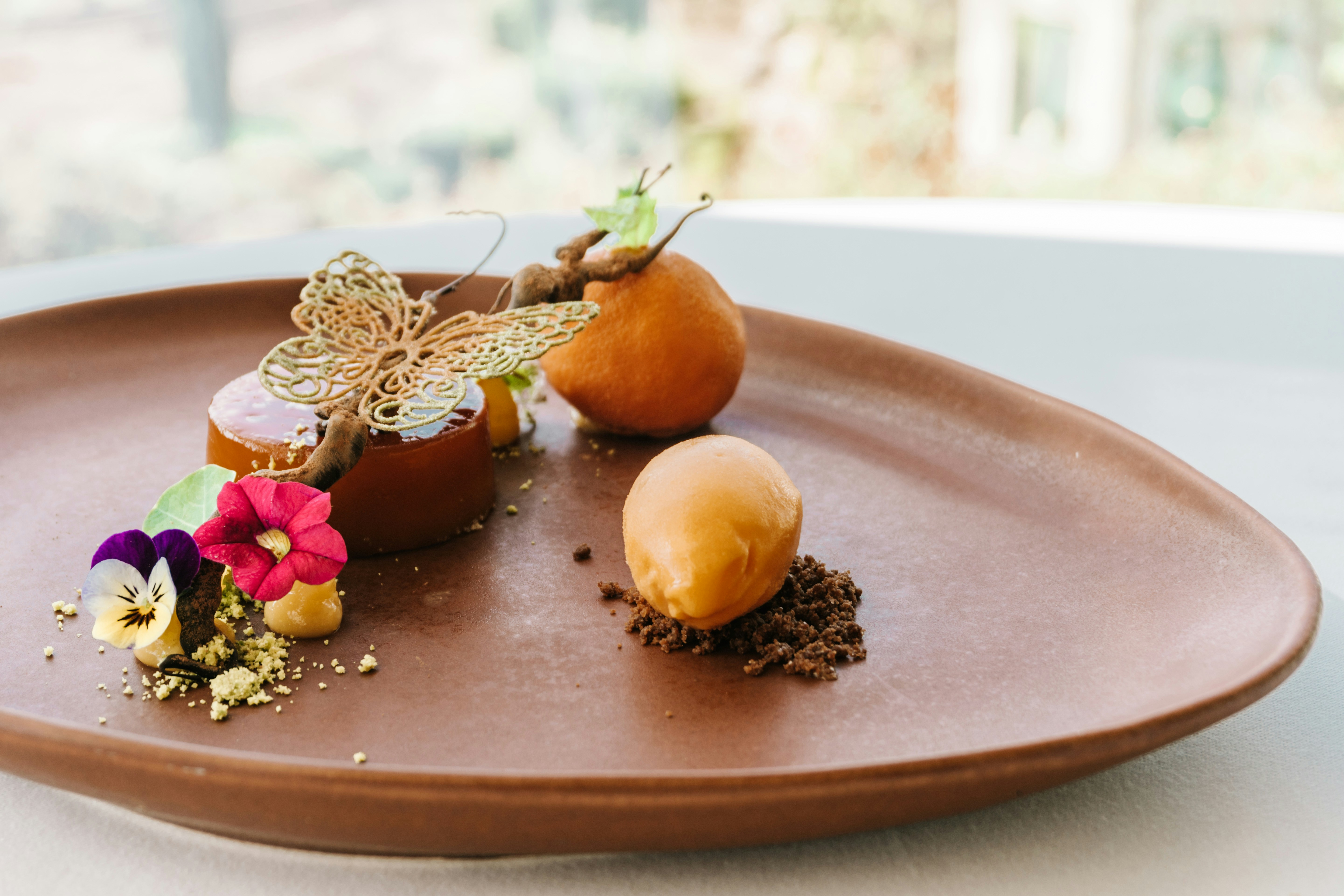 Chocolate plate with edible artistry: a butterfly perched beside vibrant blooms