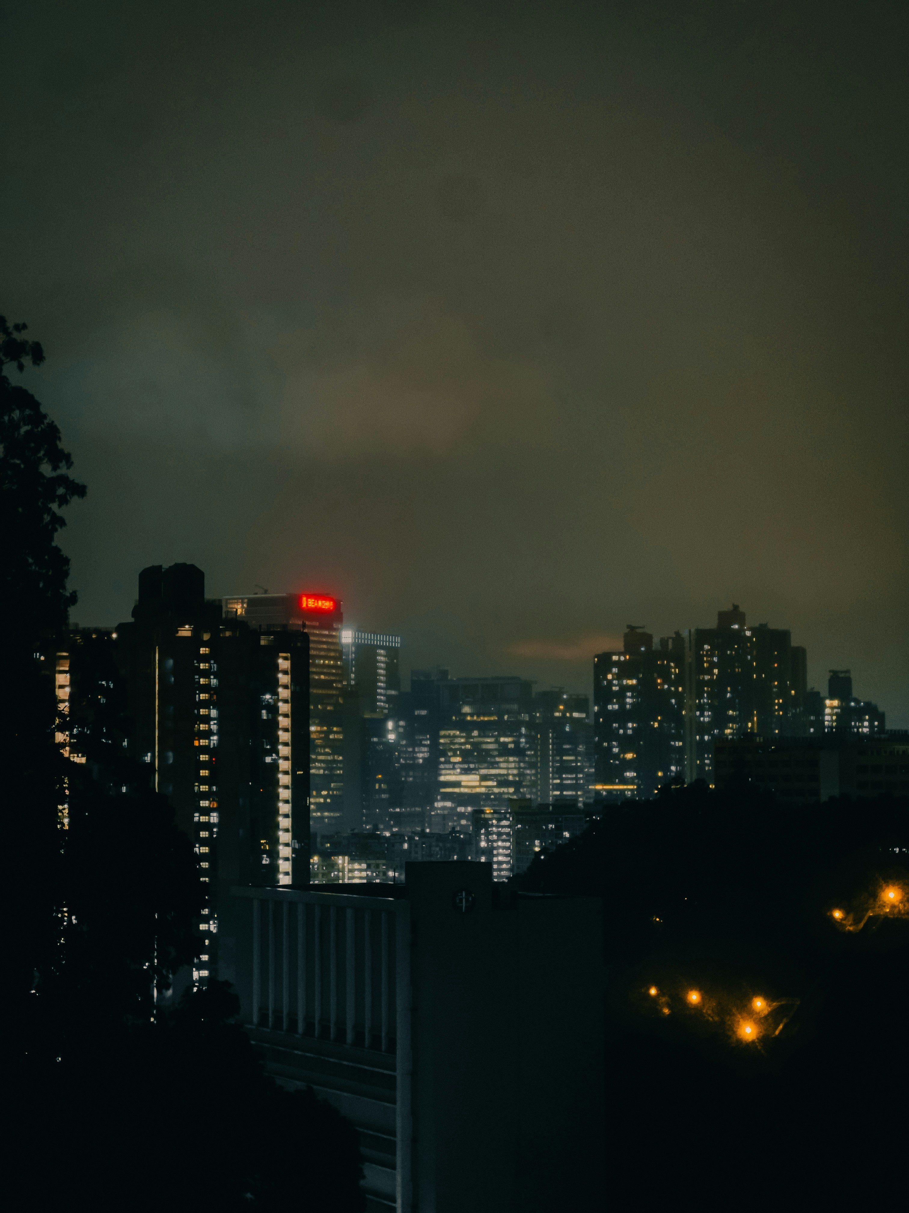 Red Beacon over a Veiled City: Nighttime Rooftop Panorama