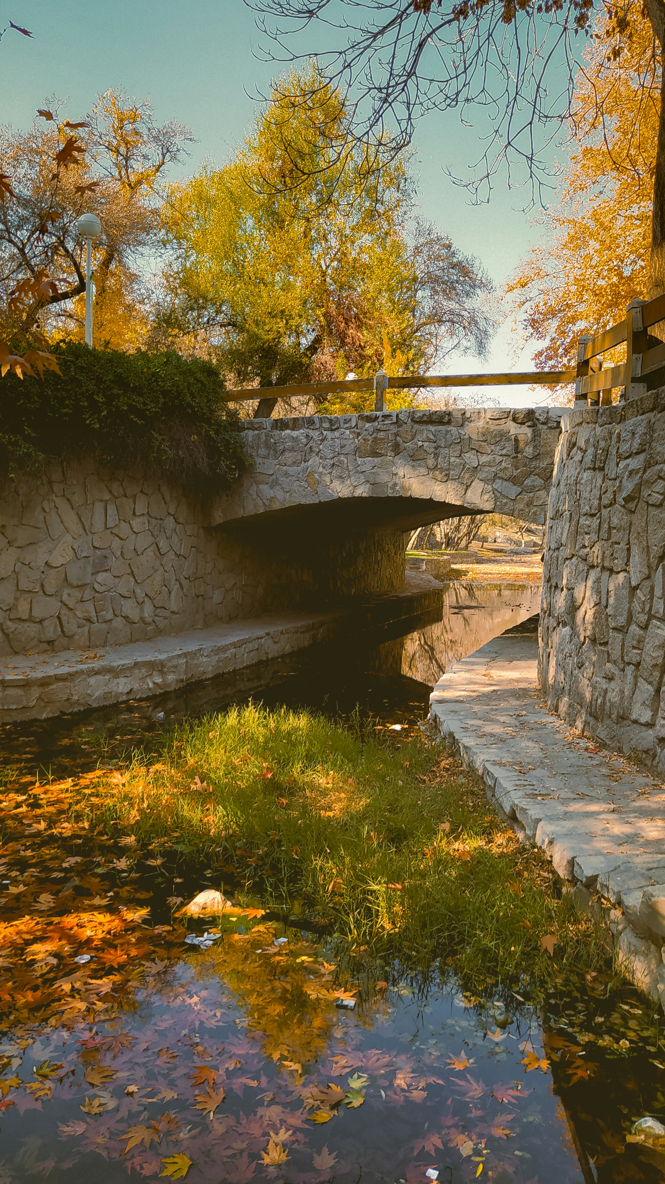Autumn Light Drapes a Stone Bridge Over a Reflective Canal
