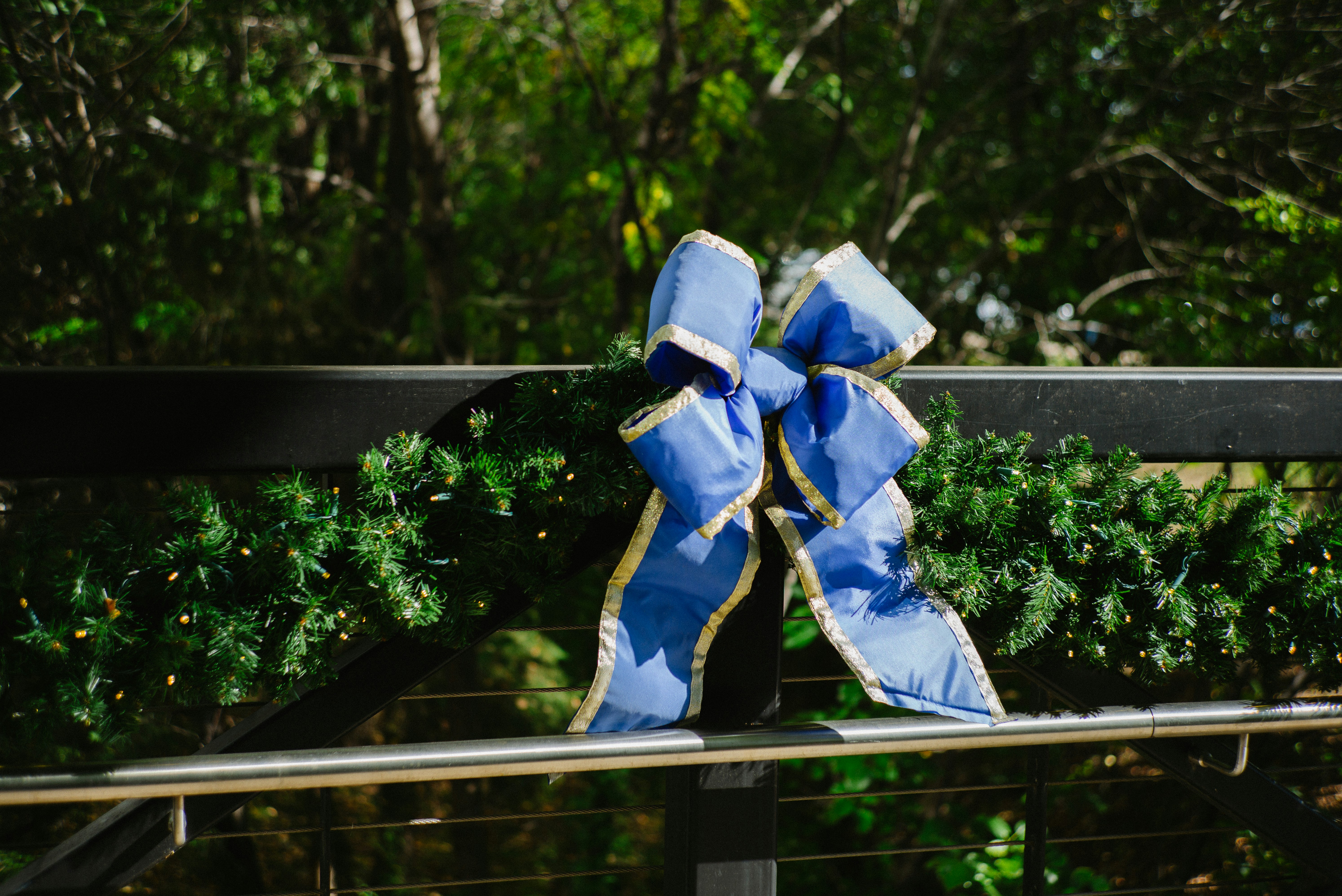 Azure Bow Adorns a Forest-Edge Balcony Garland