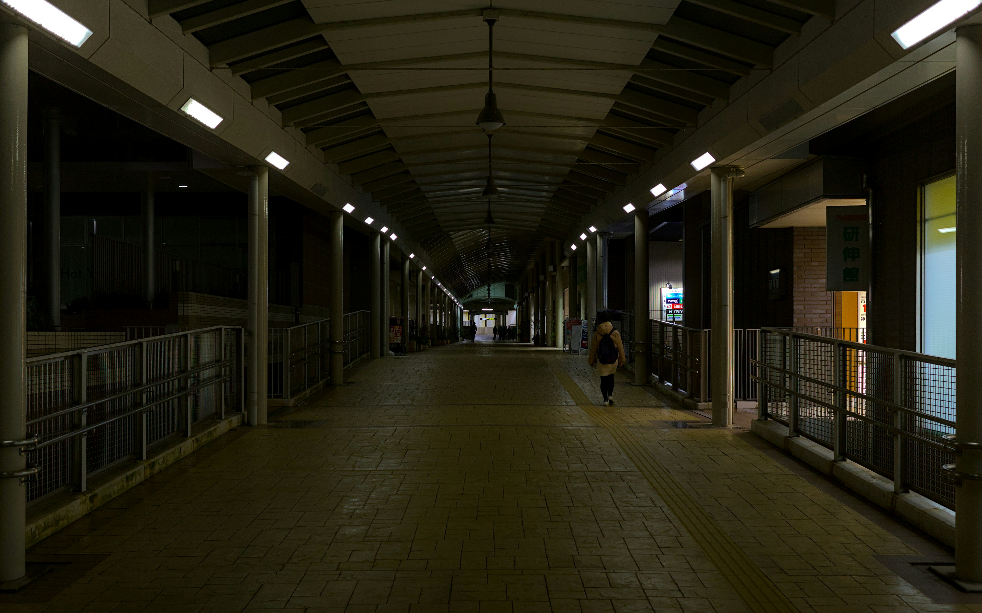 Dimly lit pedestrian overpass with a single person walking beneath a canopy of lights.