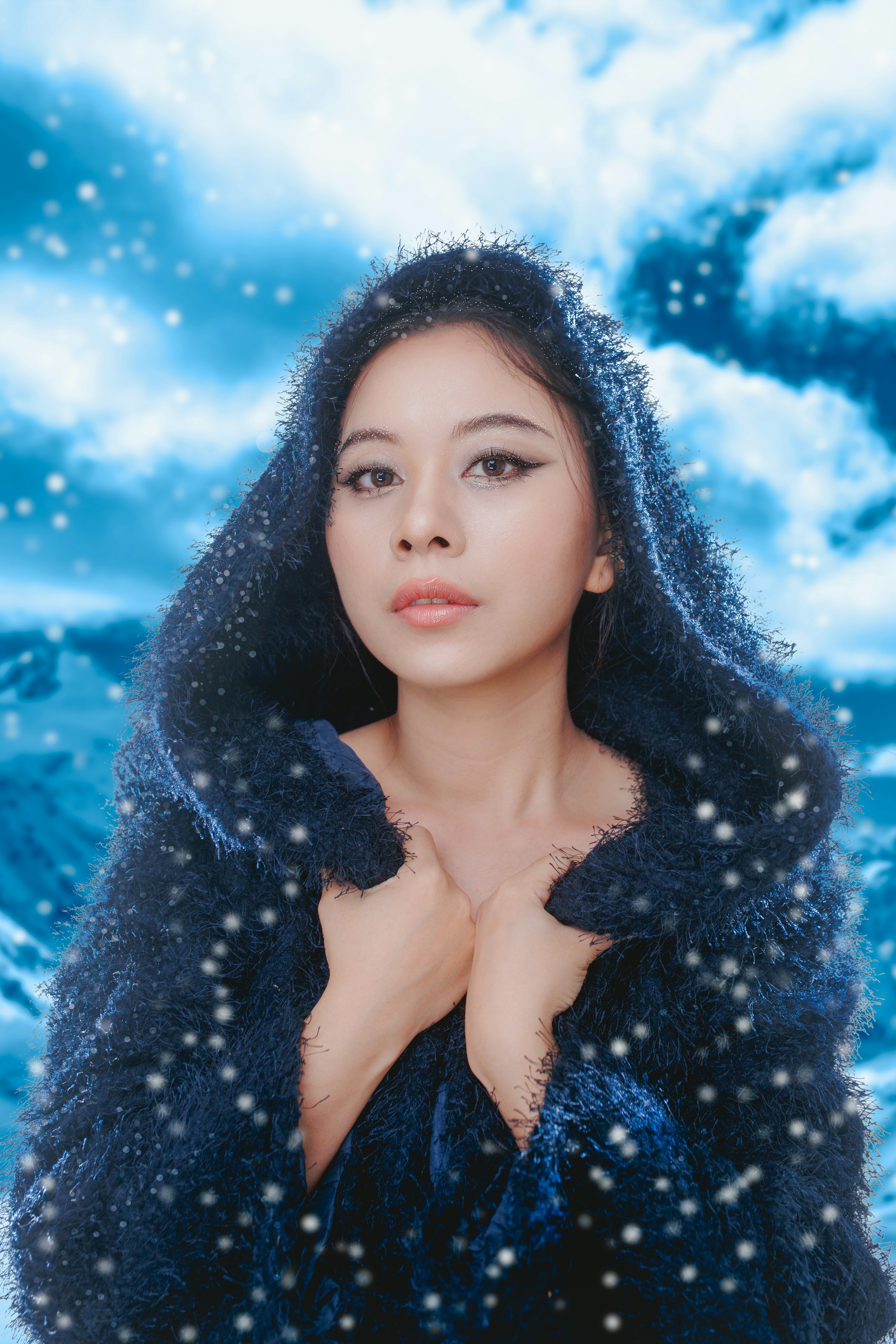 Velvet Hooded Gaze Amid a Snowbound Blue Landscape