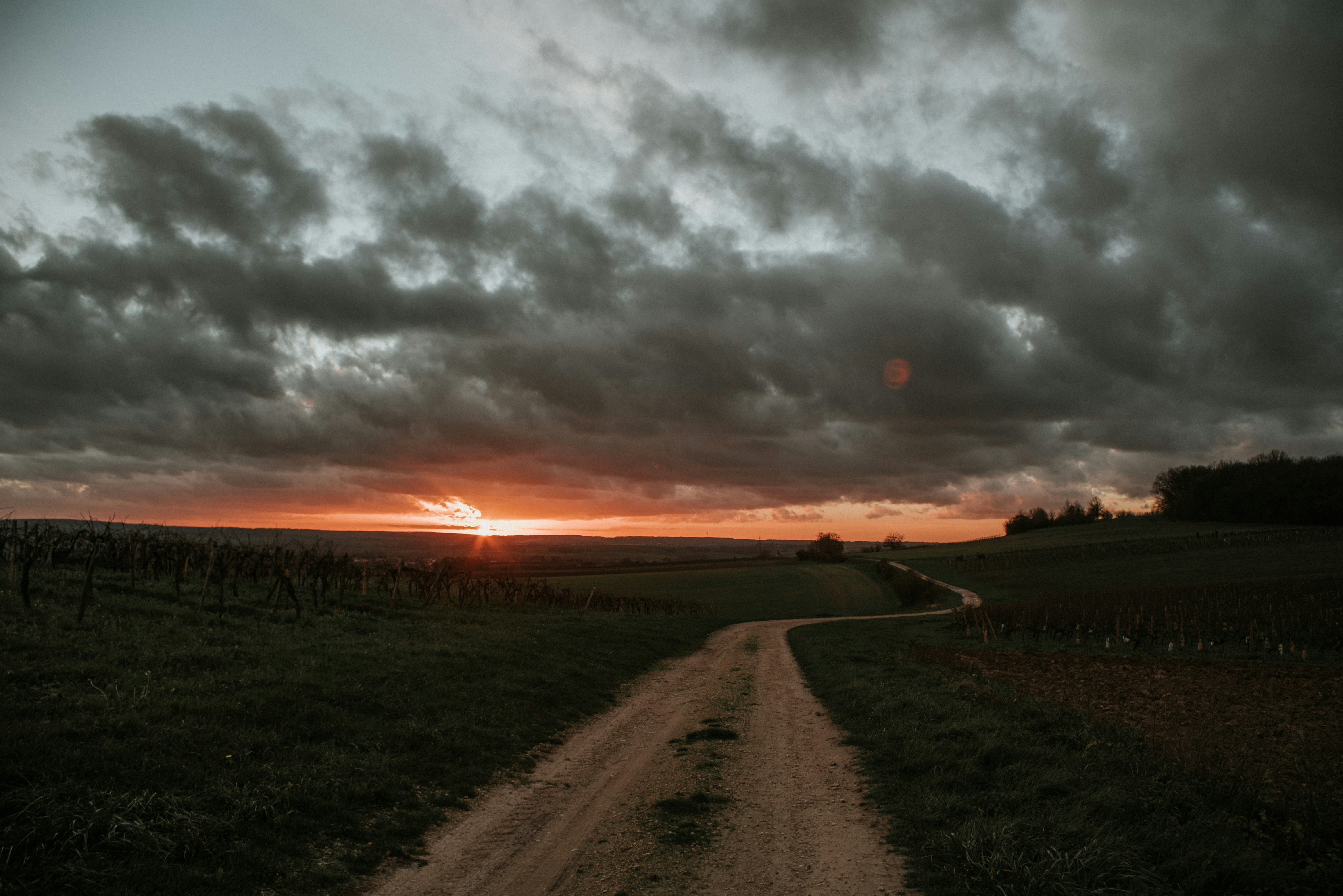 Sunset Confluence: Dusty Road Through Day’s End Fields