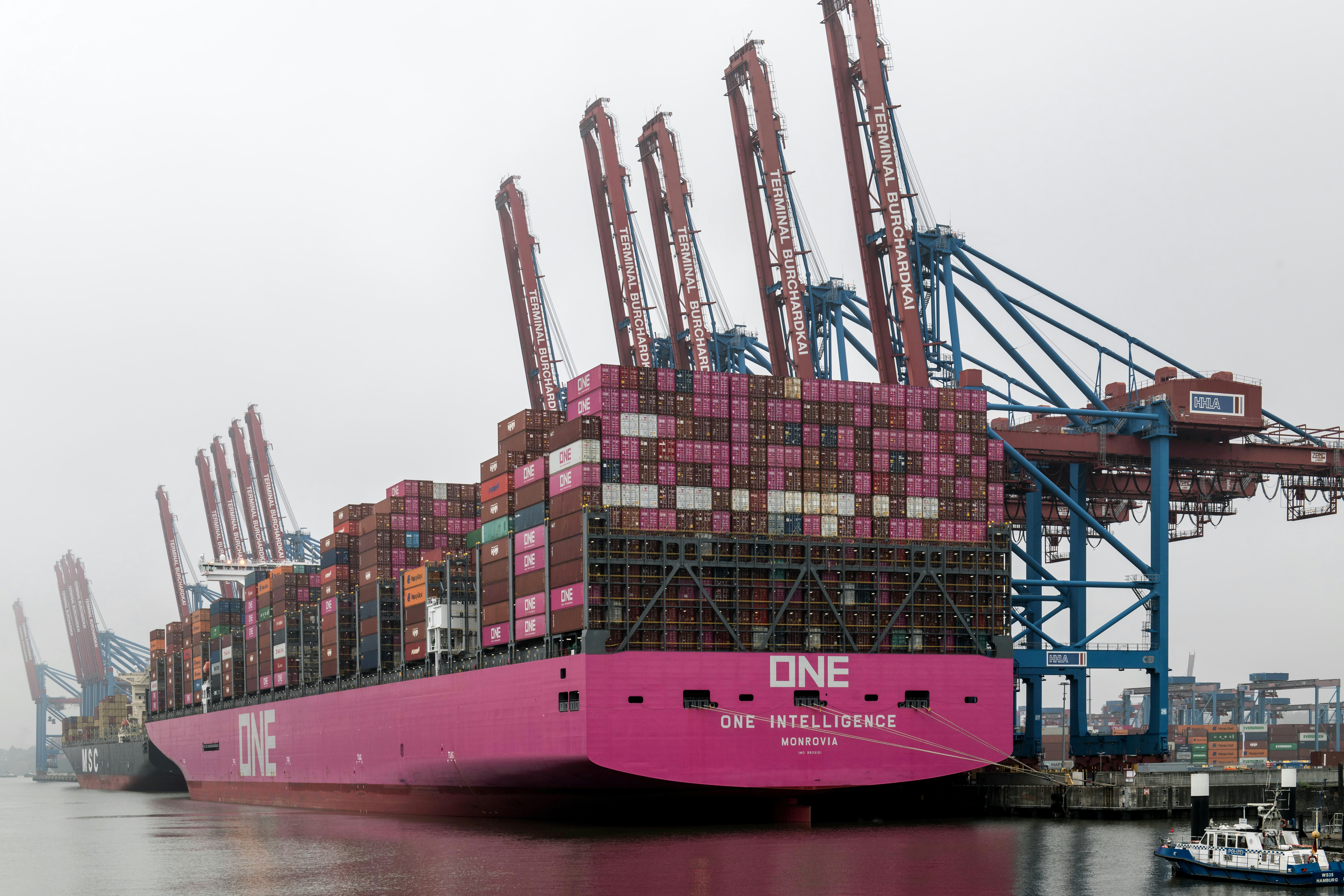 A large pink container ship docked at a dock photo – Free Hamburg Image ...